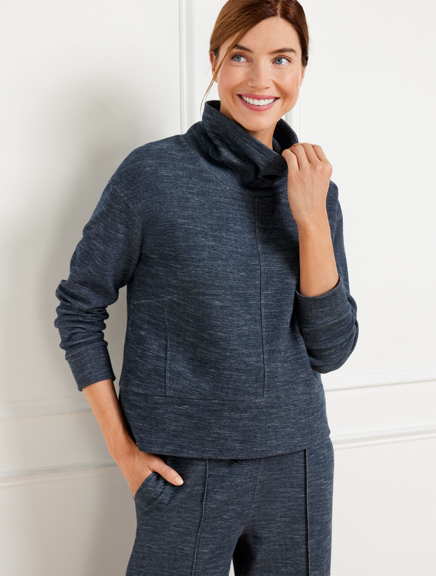 AirKnit Stretch Funnel Neck Pullover - Indigo Heather | Talbots