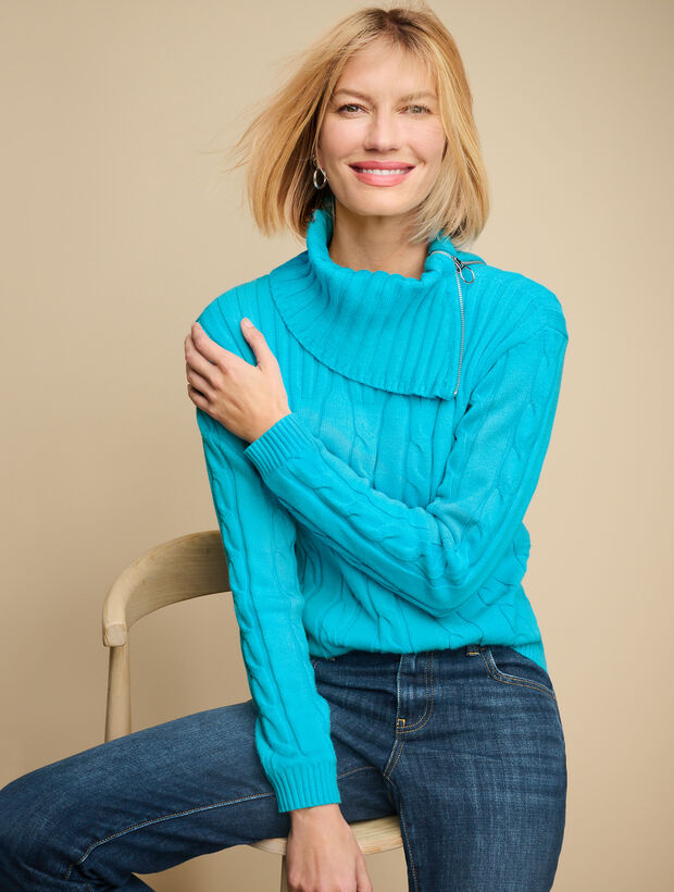 Cable Knit Zip Cowl-Neck Sweater | Talbots