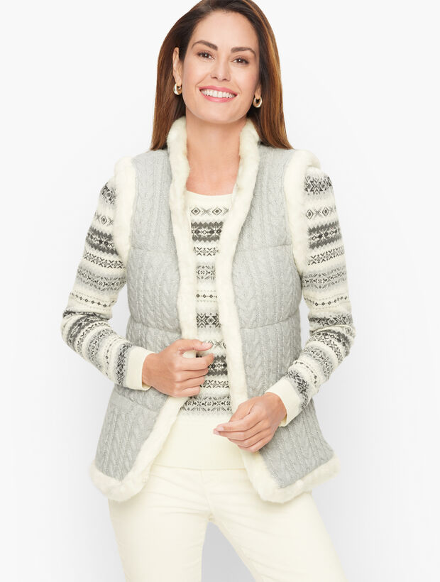 Faux Fur Trim Metallic Cable Vest | Talbots