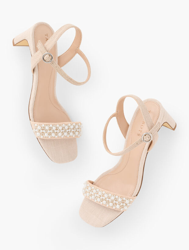 Cayden Pearl Block Heel Linen Sandals | Talbots