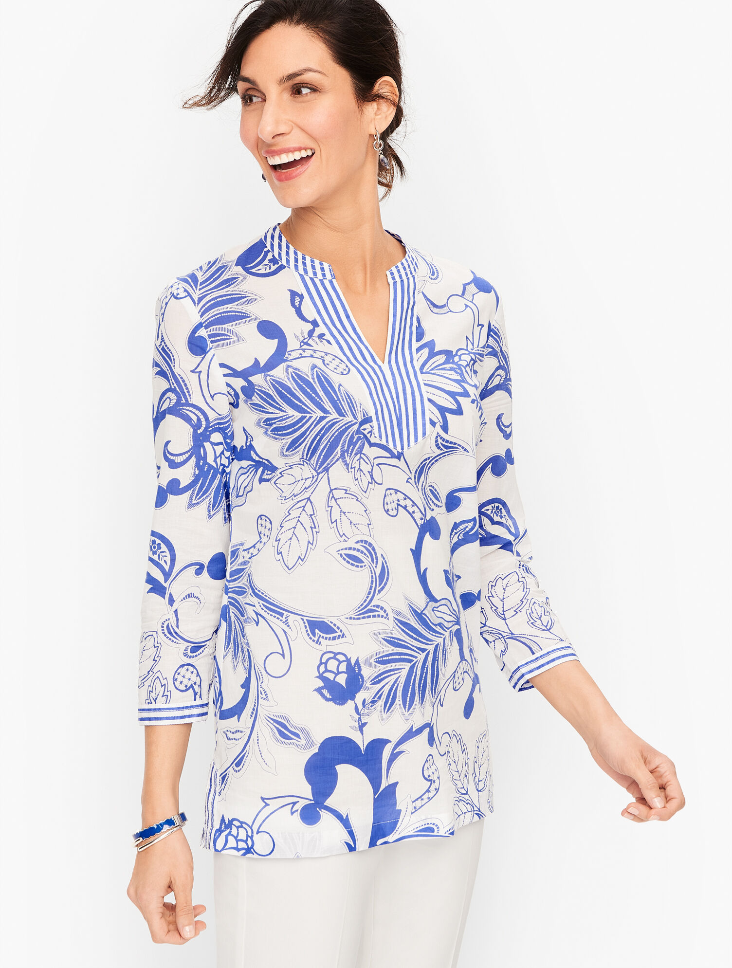 Cotton Split Neck Top - Tropical Foulard | Talbots