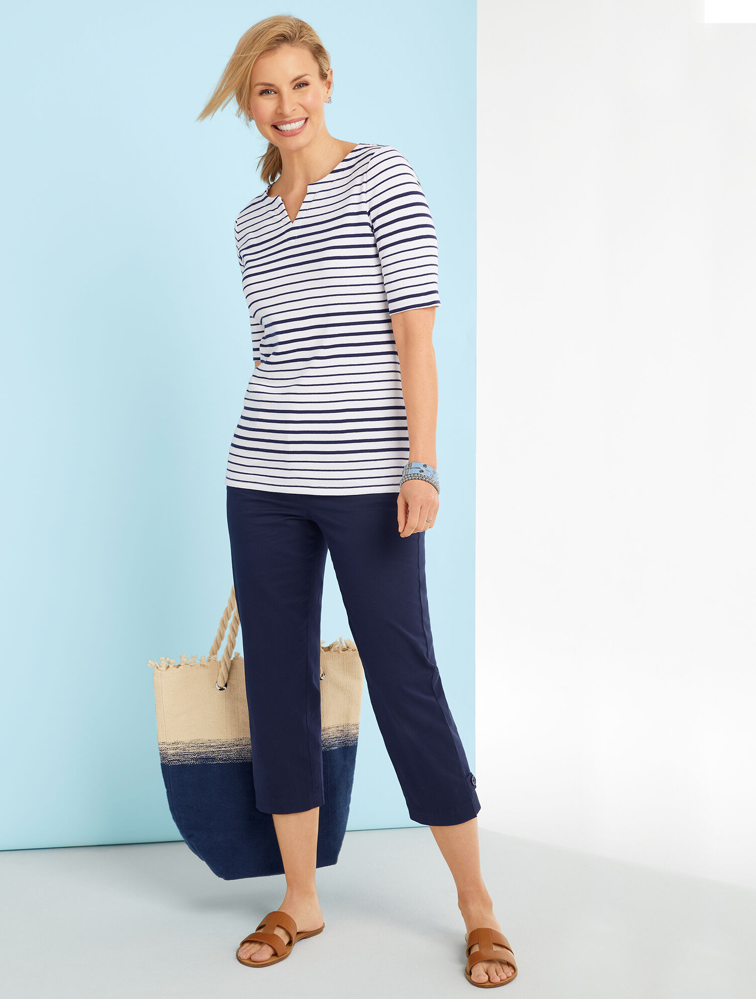 Split Neck Cotton Tee - Stripe | Talbots