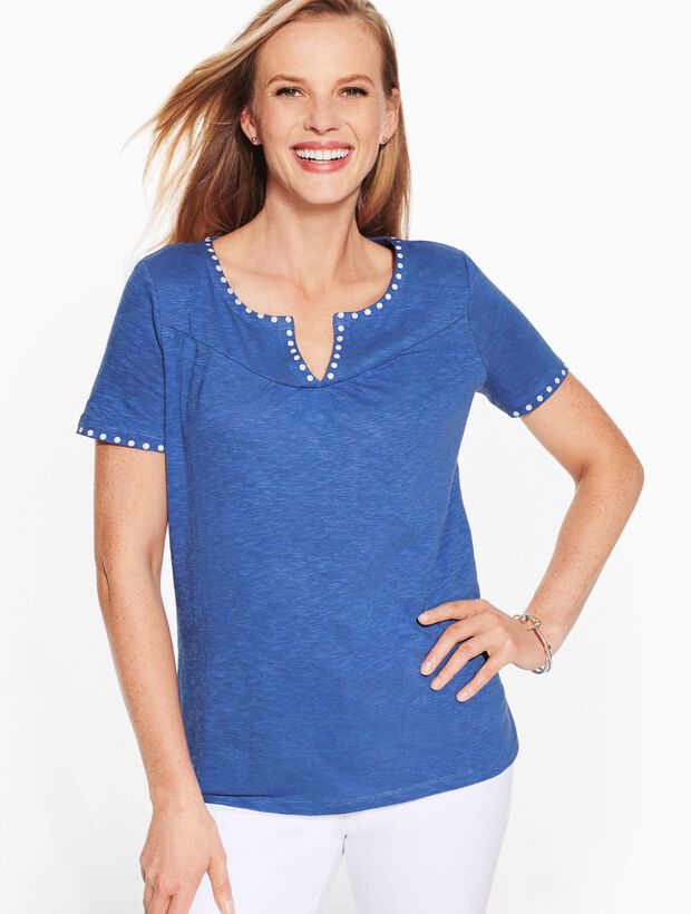 Embroidered Split Neck Tee | Talbots