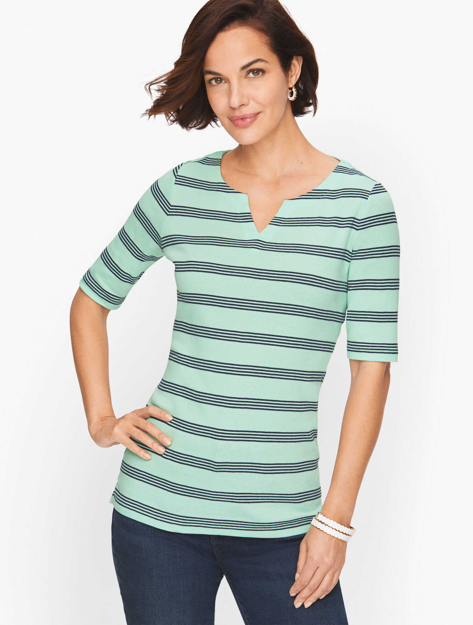 Split Neck Cotton Tee - Lancaster Stripe | Talbots