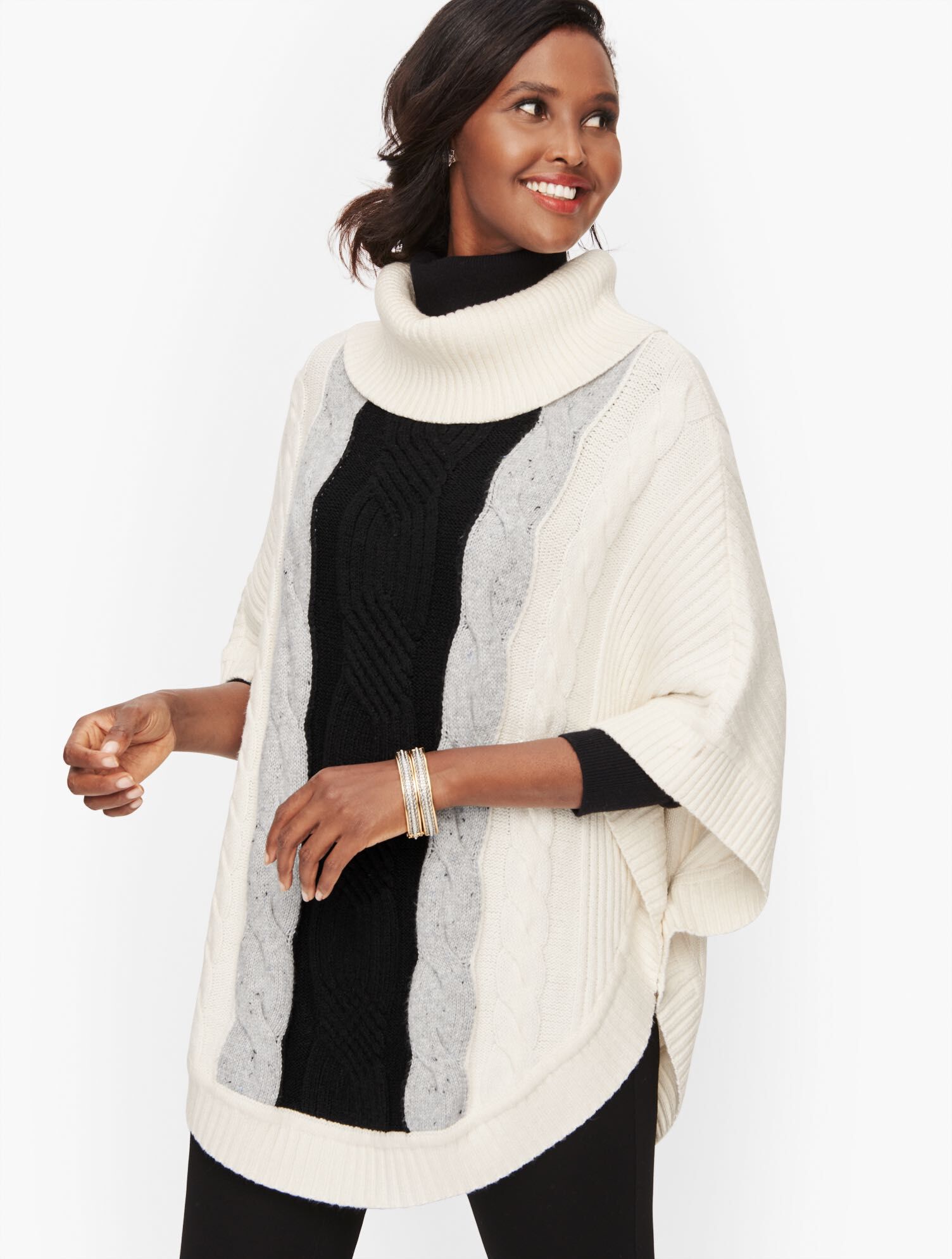 Cableknit Colorblock Cowlneck Poncho | Talbots