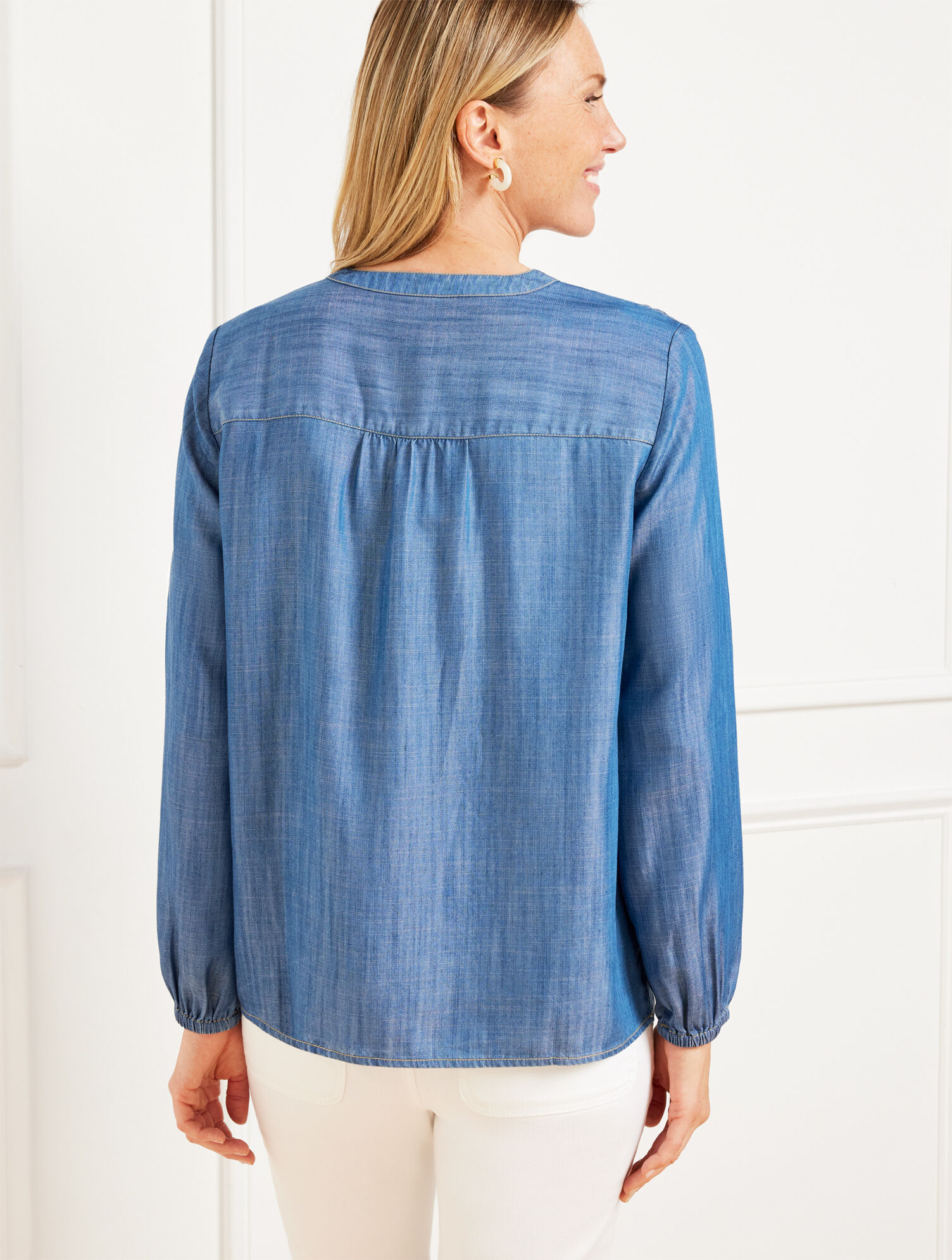 Denim Smocked Short Popover | Talbots