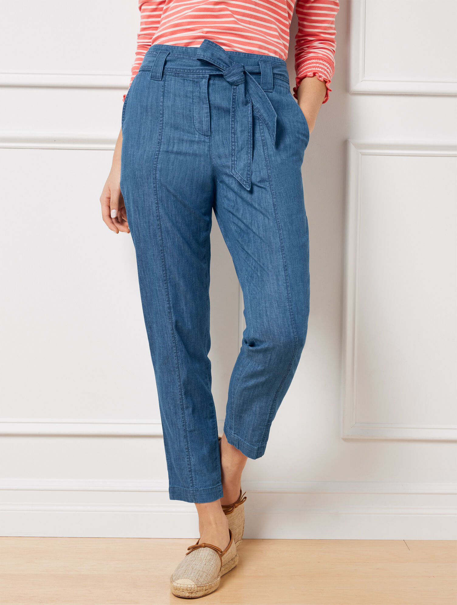 Tie Waist Slim Ankle Pants – Chambray | Talbots