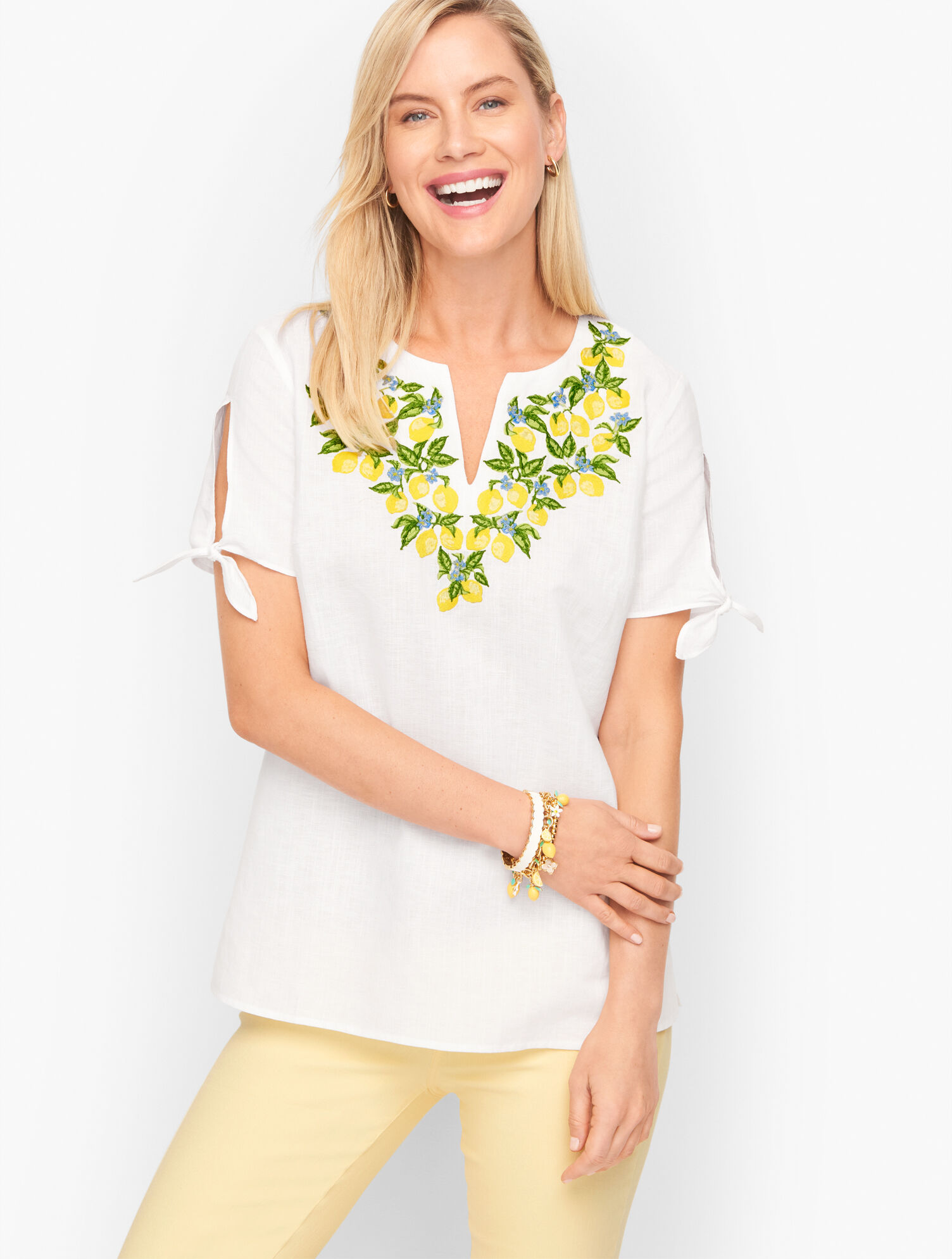 Tie Detail Embroidered Top - Lemon | Talbots