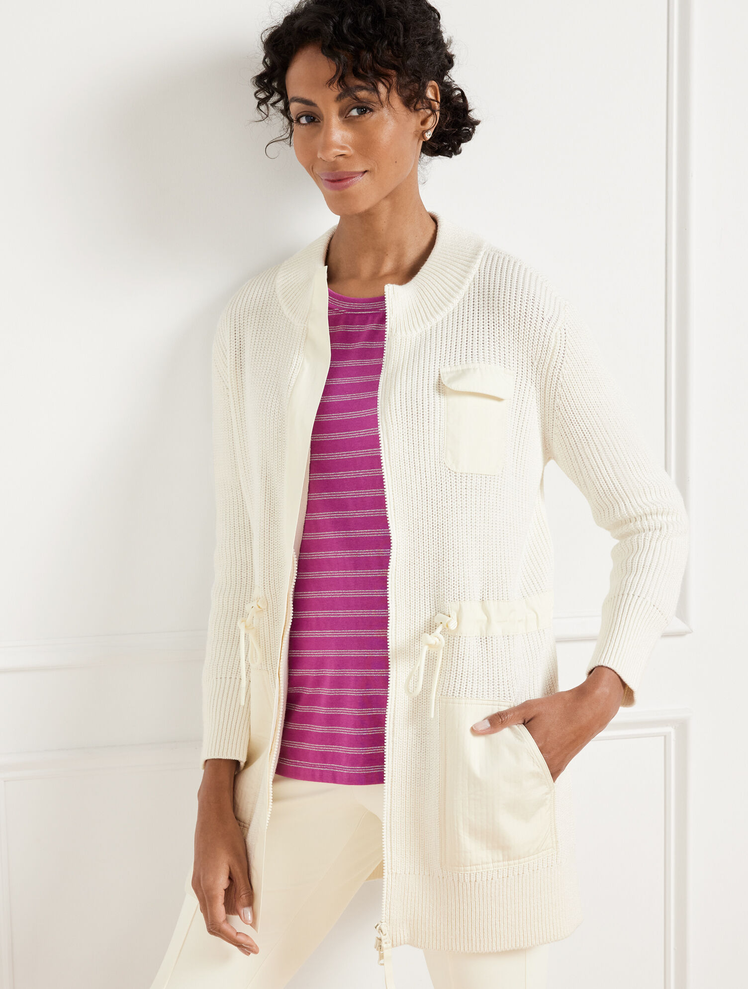 Drawcord Waist Woven Trim Sweater Jacket | Talbots