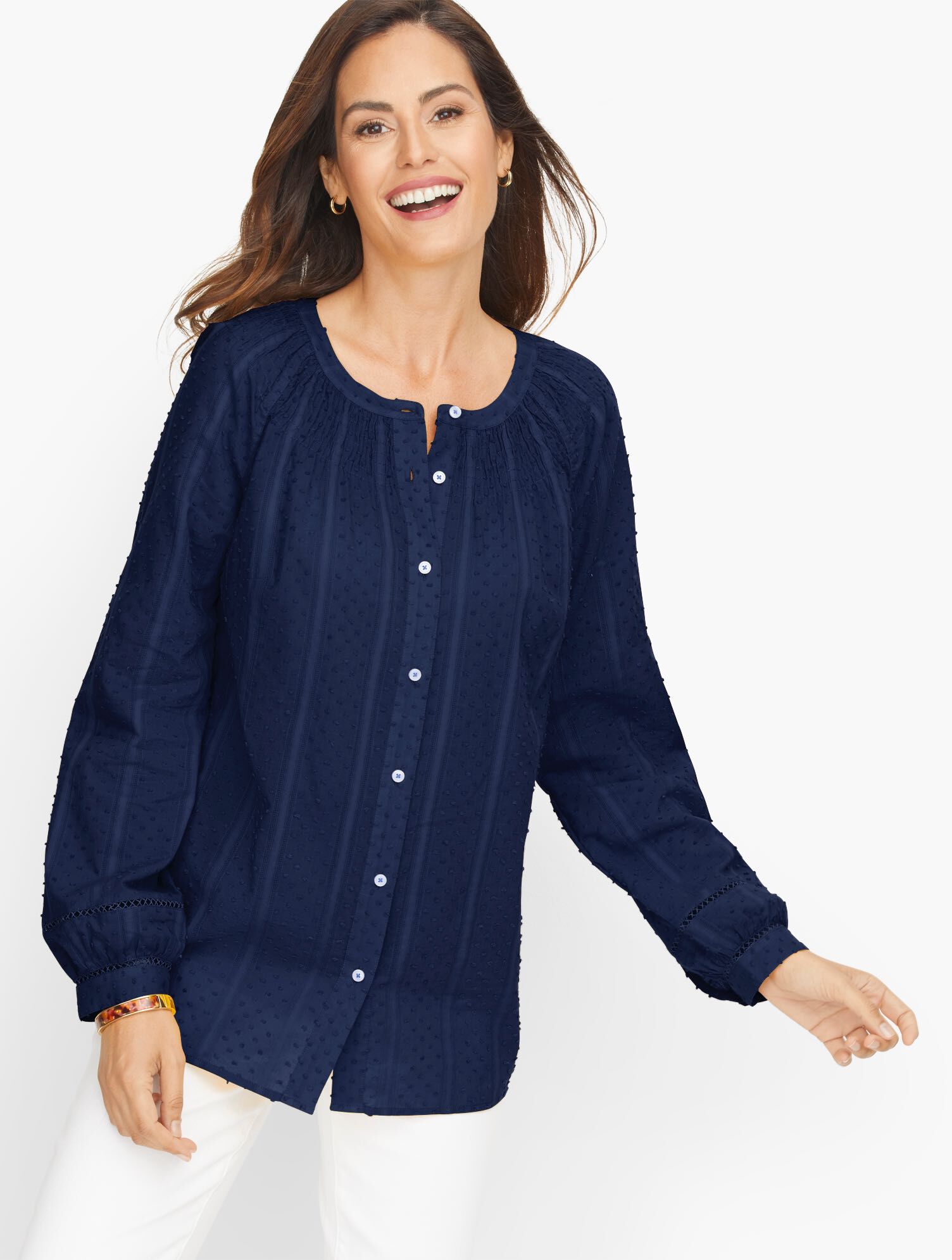 Swiss Dot Smock Neck Top | Talbots
