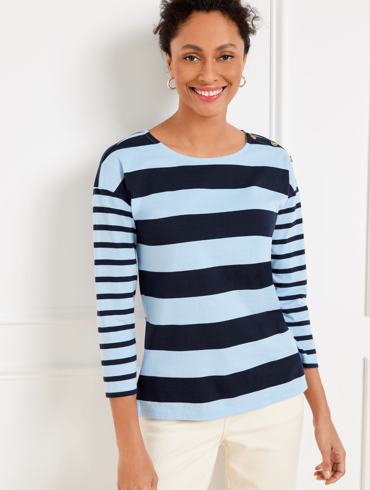 Button Shoulder Crewneck Tee - Mixed Stripe | Talbots