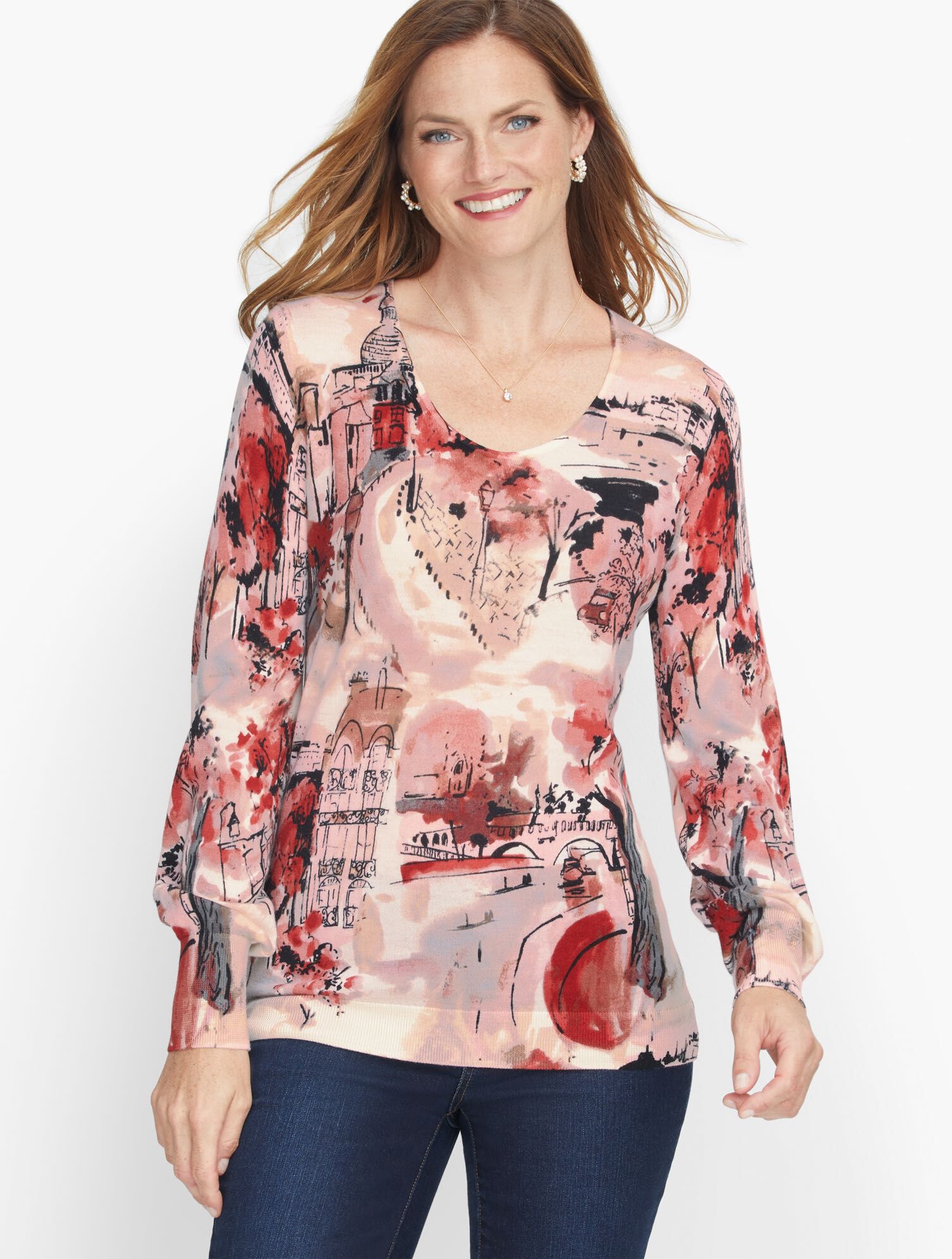 Soft Merino V-Neck Sweater - Scenic Autumn City Square Print | Talbots