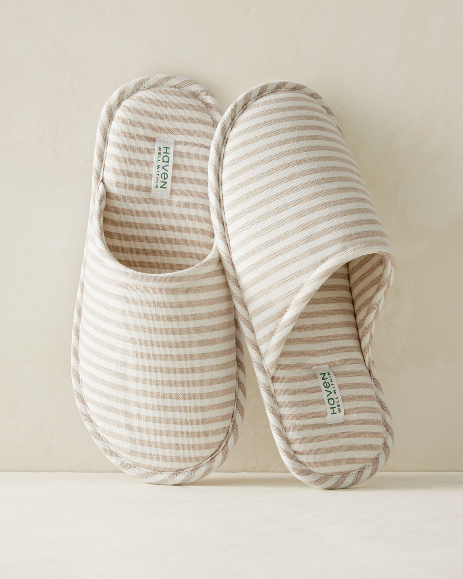 Linen Tan Stripe Spa Slippers | Haven Well Within