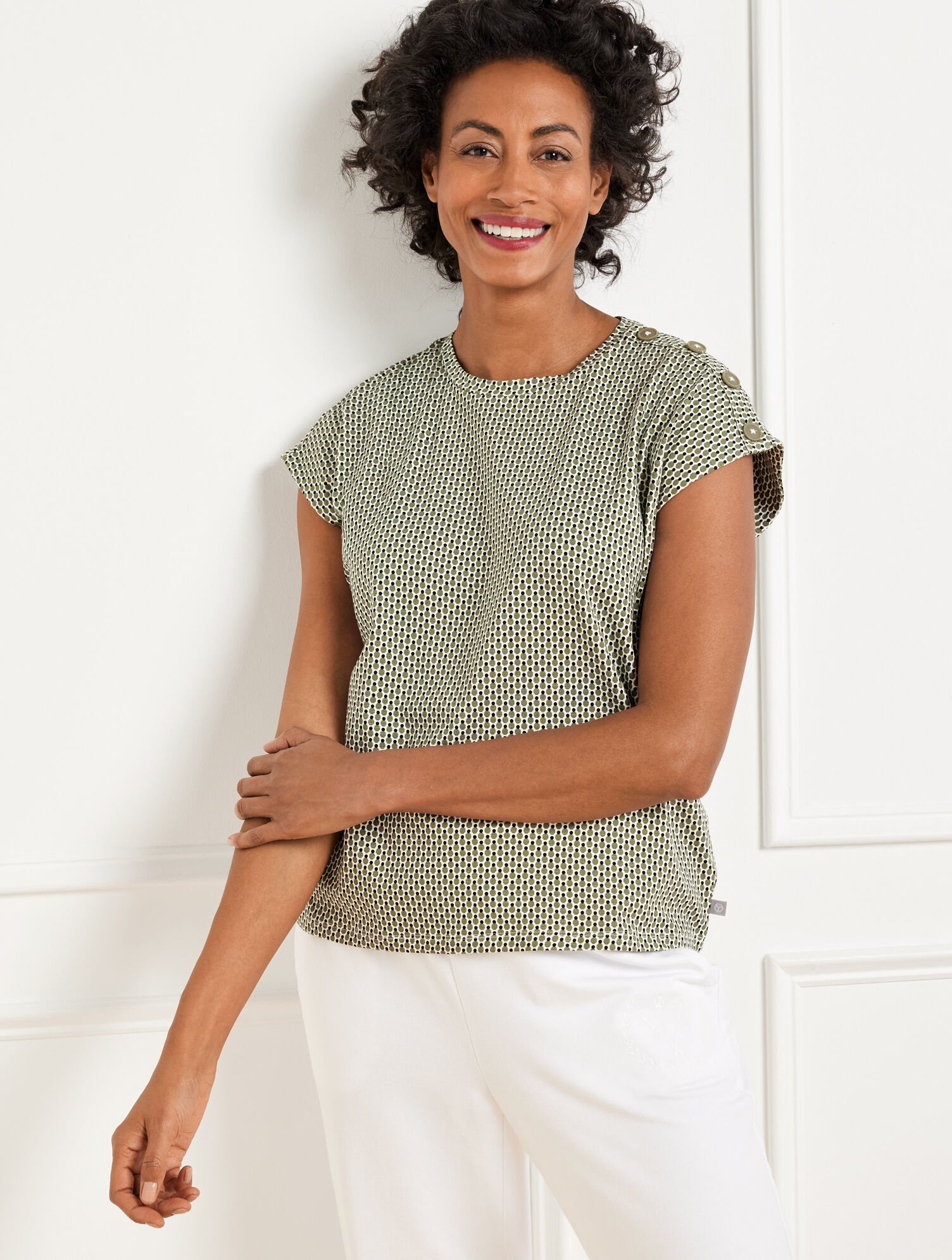 Button Shoulder Cap Sleeve Tee - Penny Dot | Talbots