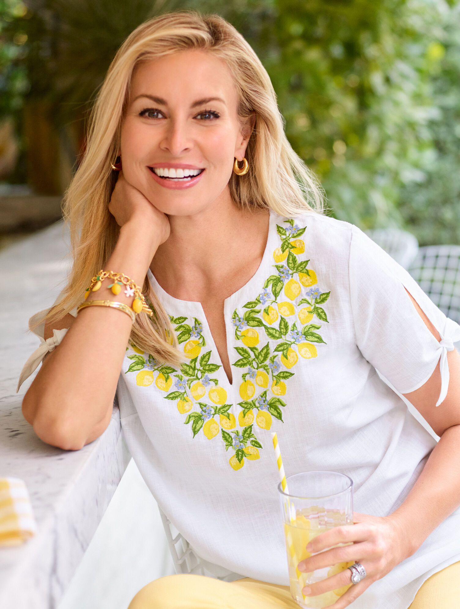 Tie Detail Embroidered Top - Lemon | Talbots