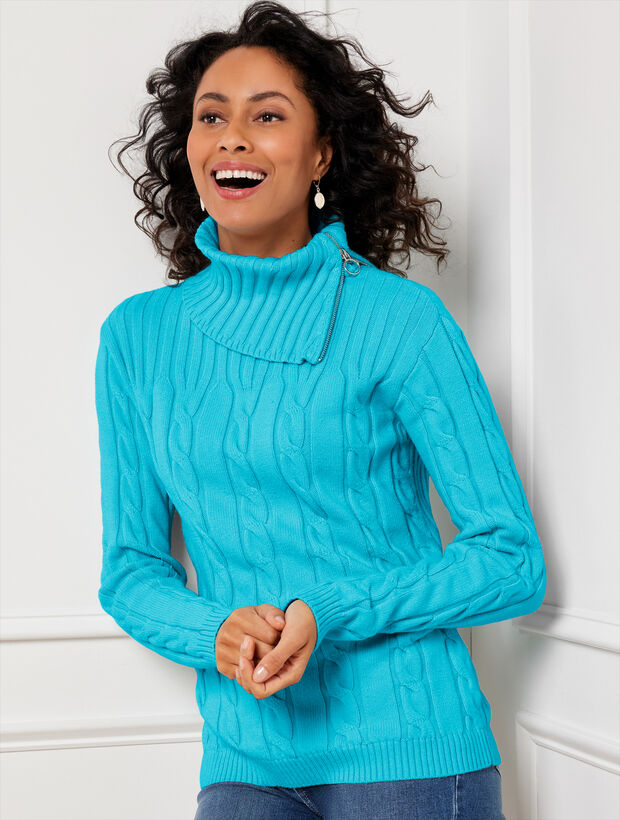 Cable Knit Zip Cowl-Neck Sweater | Talbots