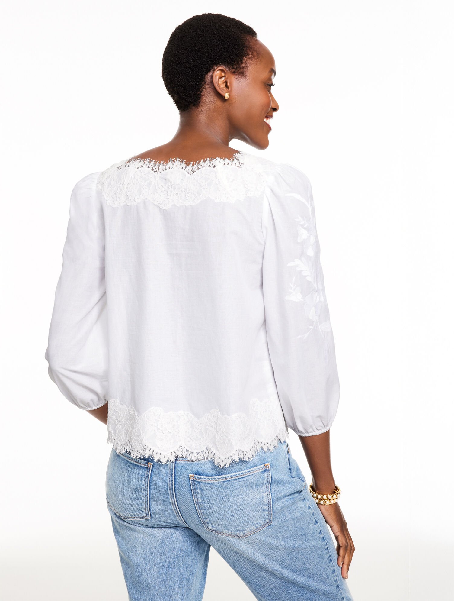 Embroidered Lace Trim Voile Top | Talbots