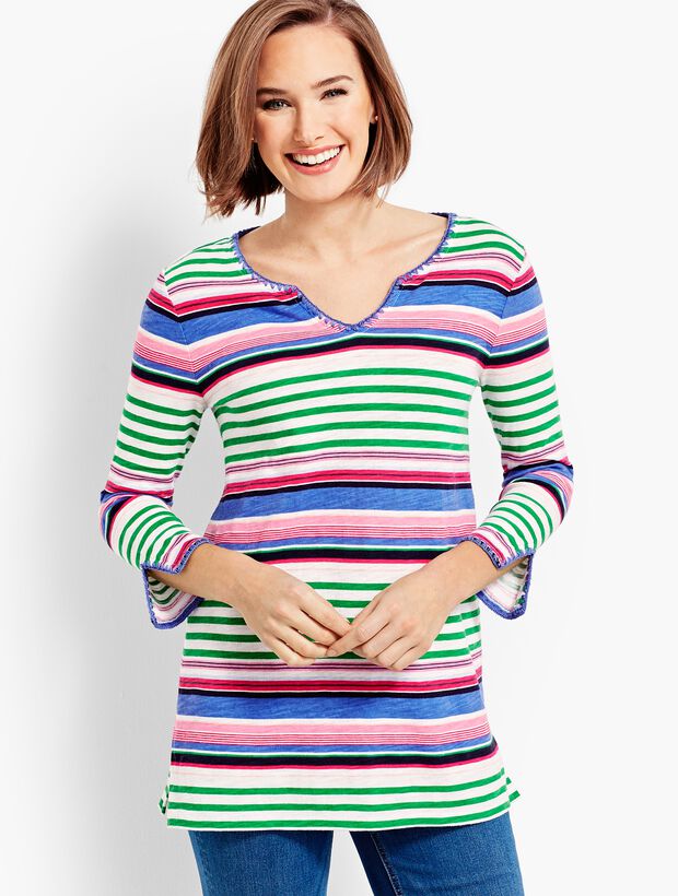 Embroidered Split-Neck Tunic - Naples Stripe | Talbots
