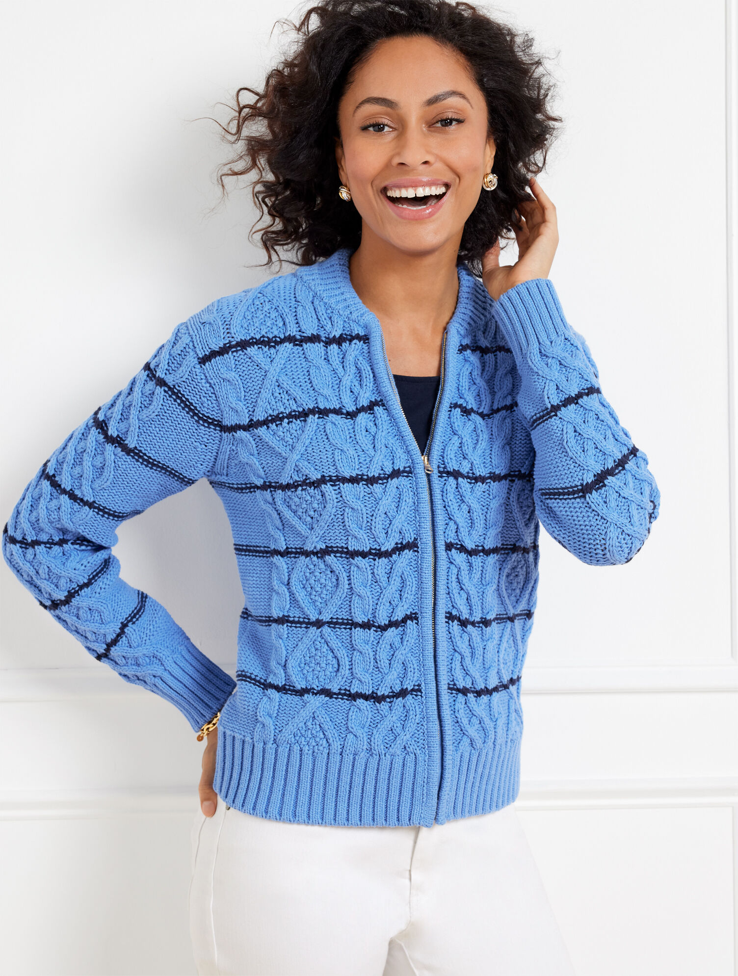 Cable Knit Bomber Jacket - Thin Stripe | Talbots