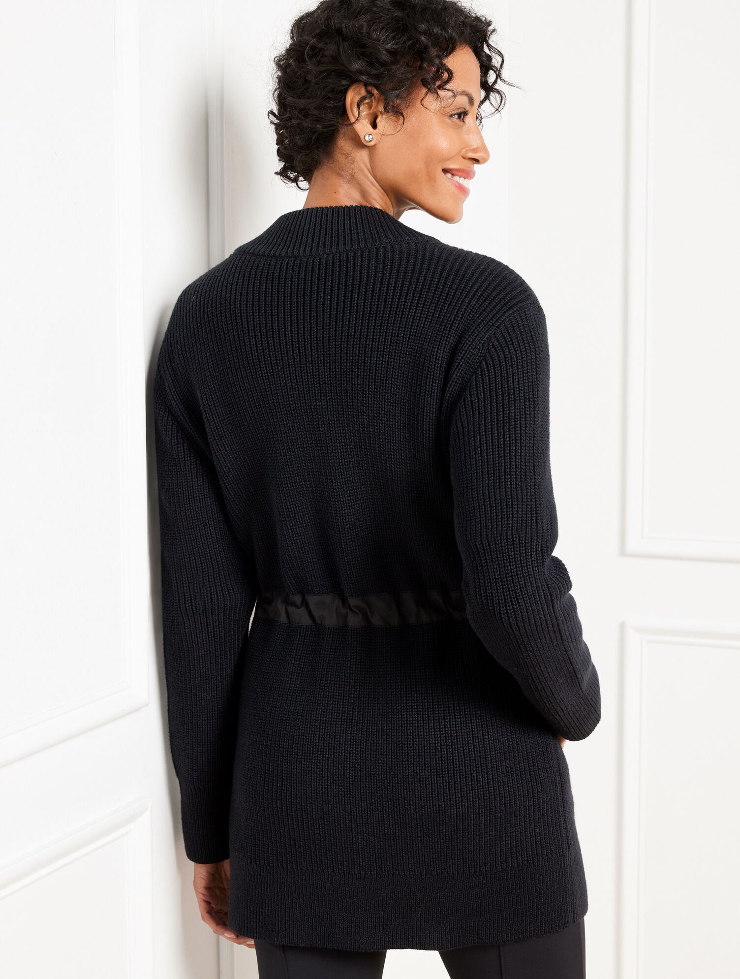 Drawcord Waist Woven Trim Sweater Jacket | Talbots