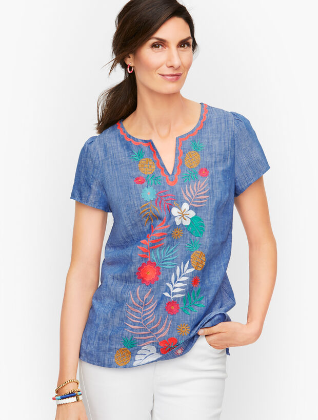Embroidered Split Neck Top | Talbots