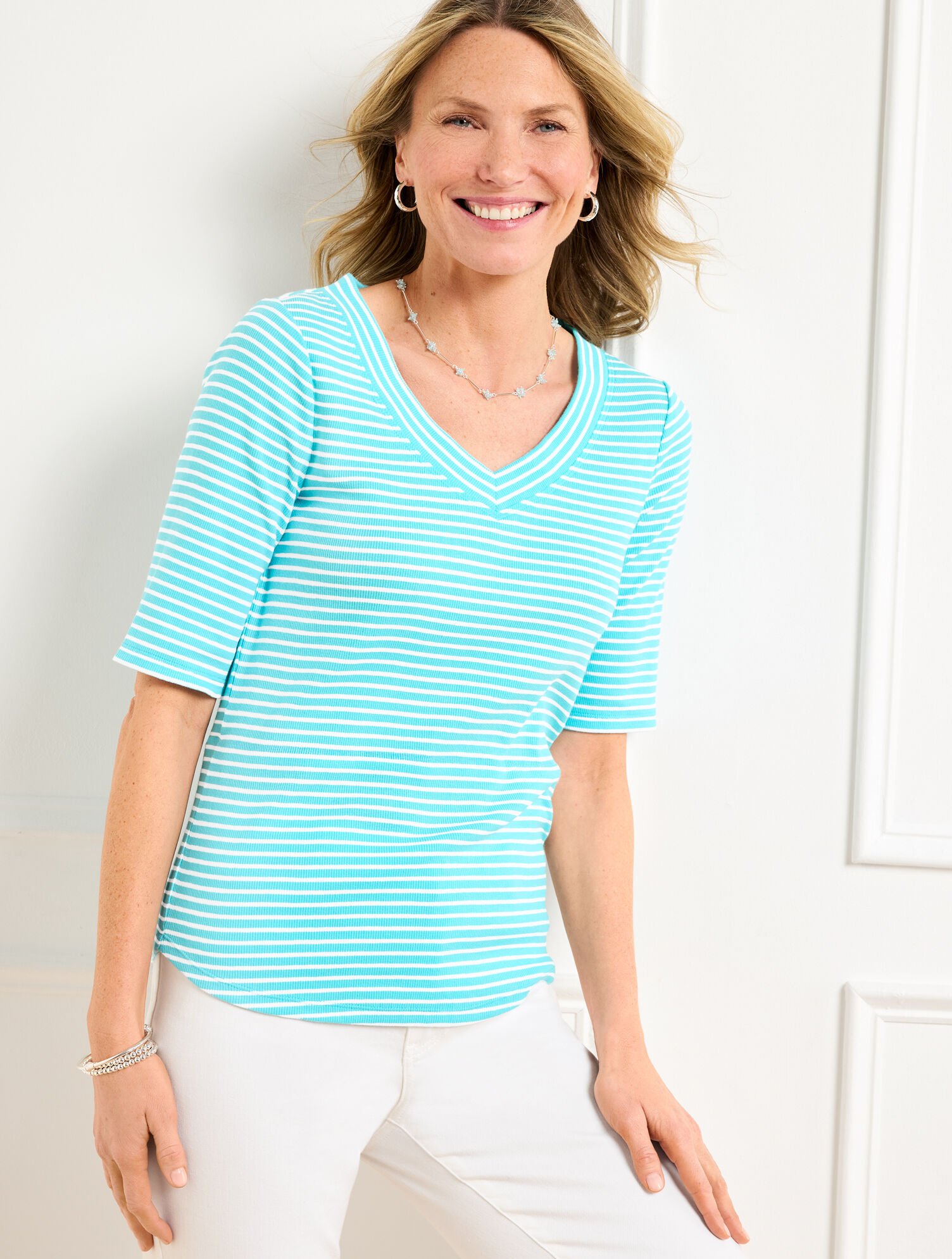 Ribbed V-Neck Tee - Alice Stripe | Talbots