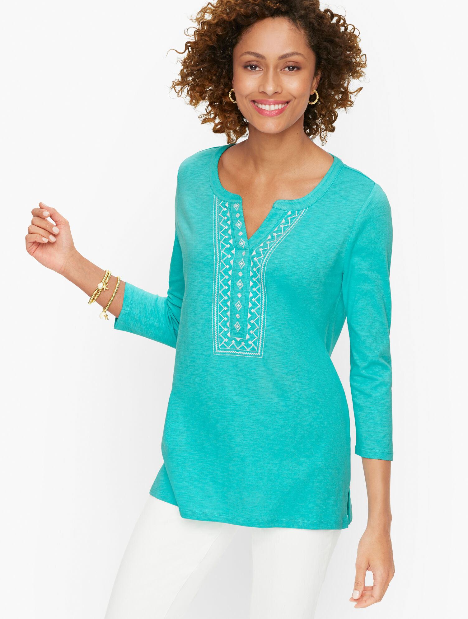 Embroidered Split Neck Tunic | Talbots