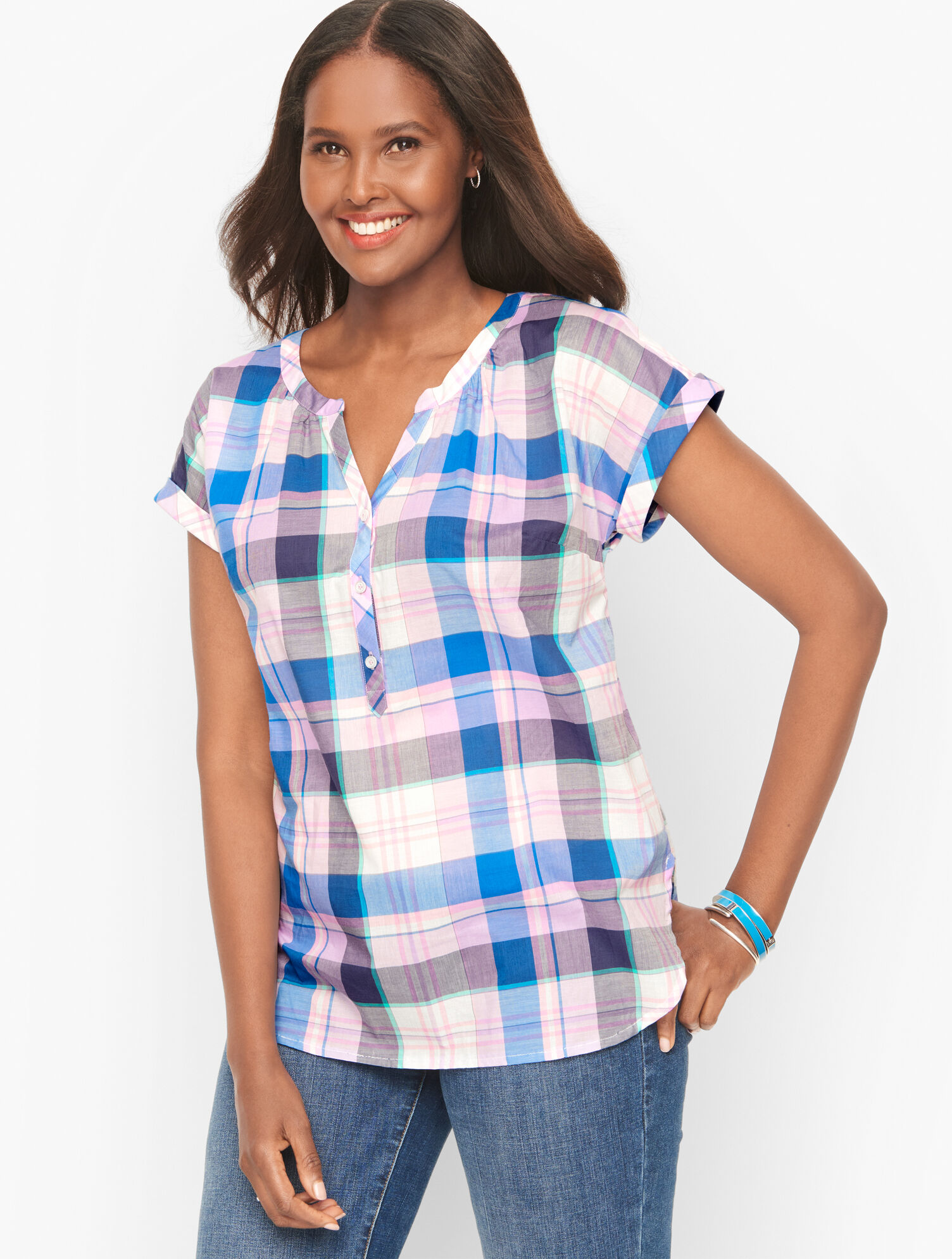 High-Low Split Neck Popover Top - Plaid | Talbots