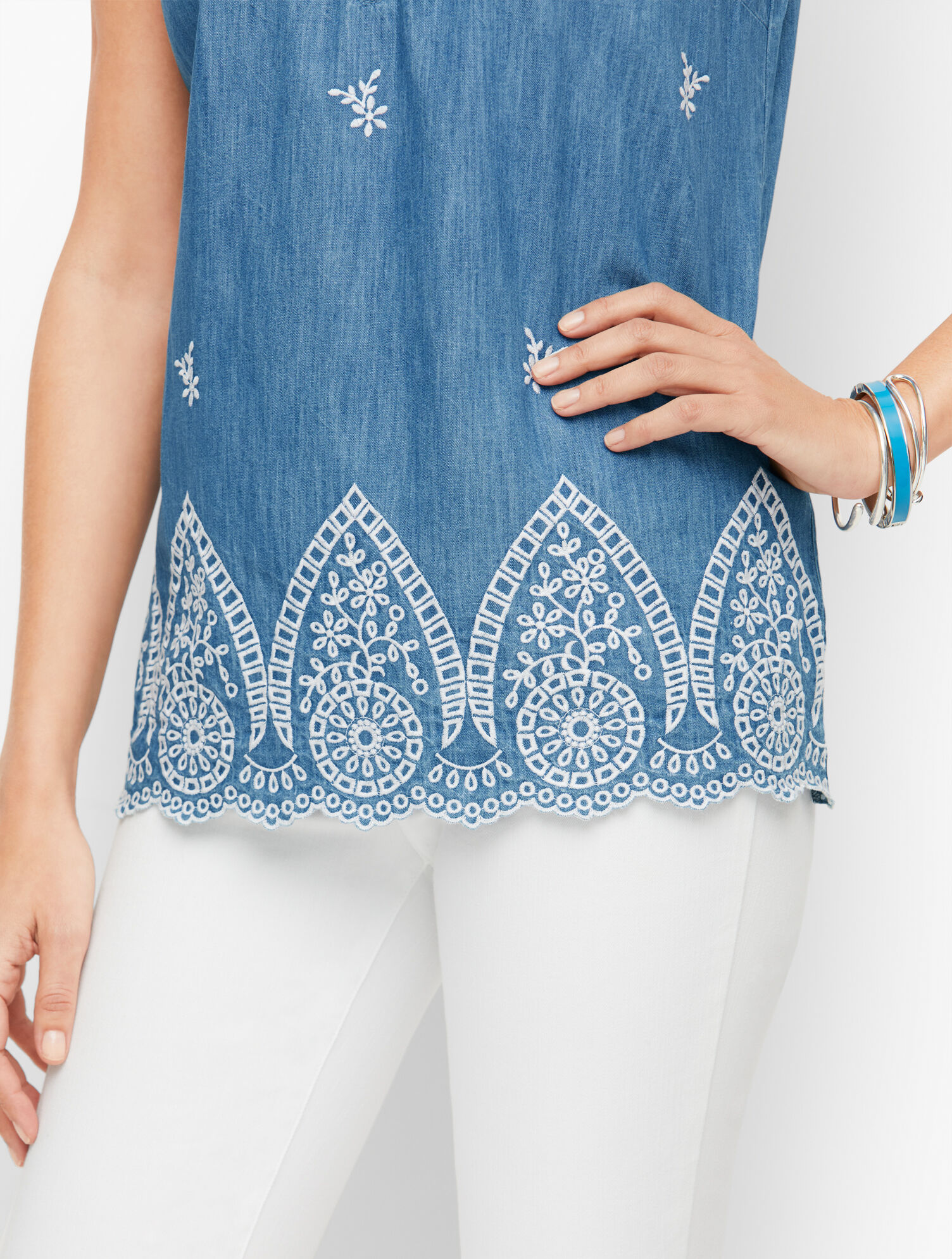 Ruffle Trim Shell - Embroidered Denim | Talbots