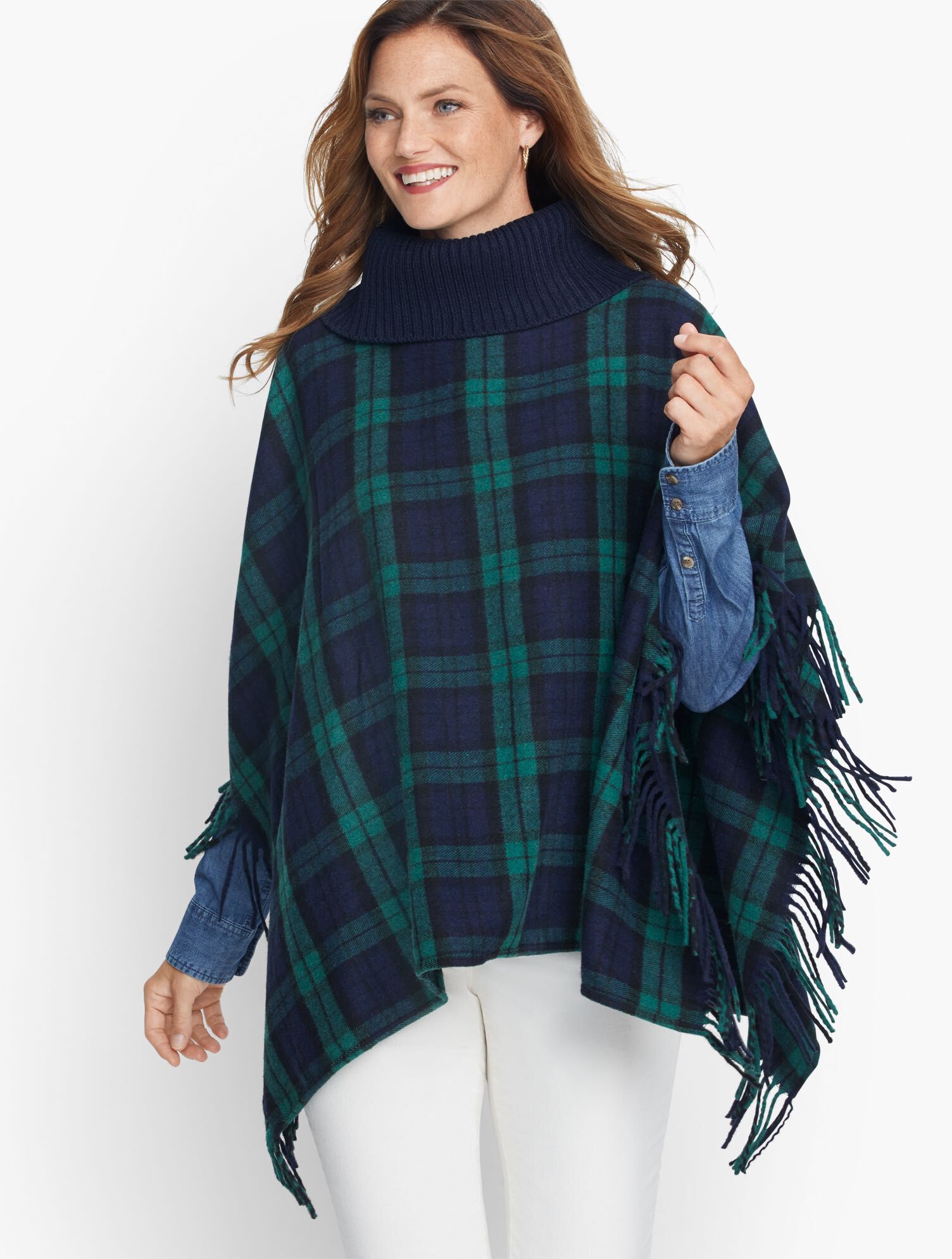Ribknit Cowlneck Poncho - Black Watch Plaid | Talbots