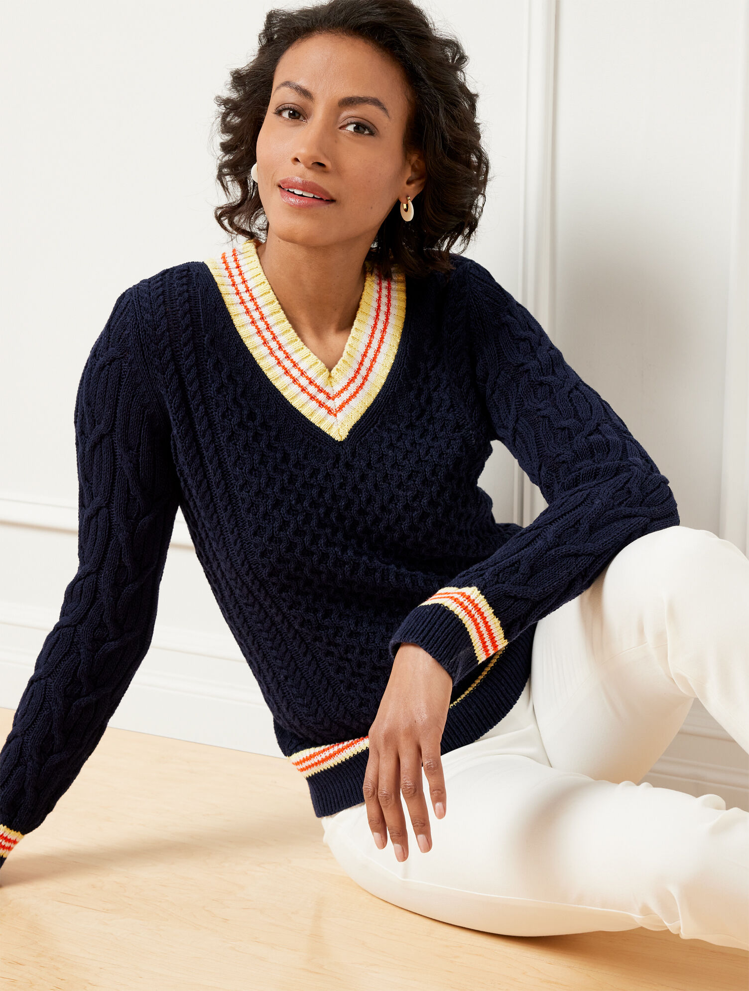 Cable Knit V-Neck Pullover - Tipped | Talbots