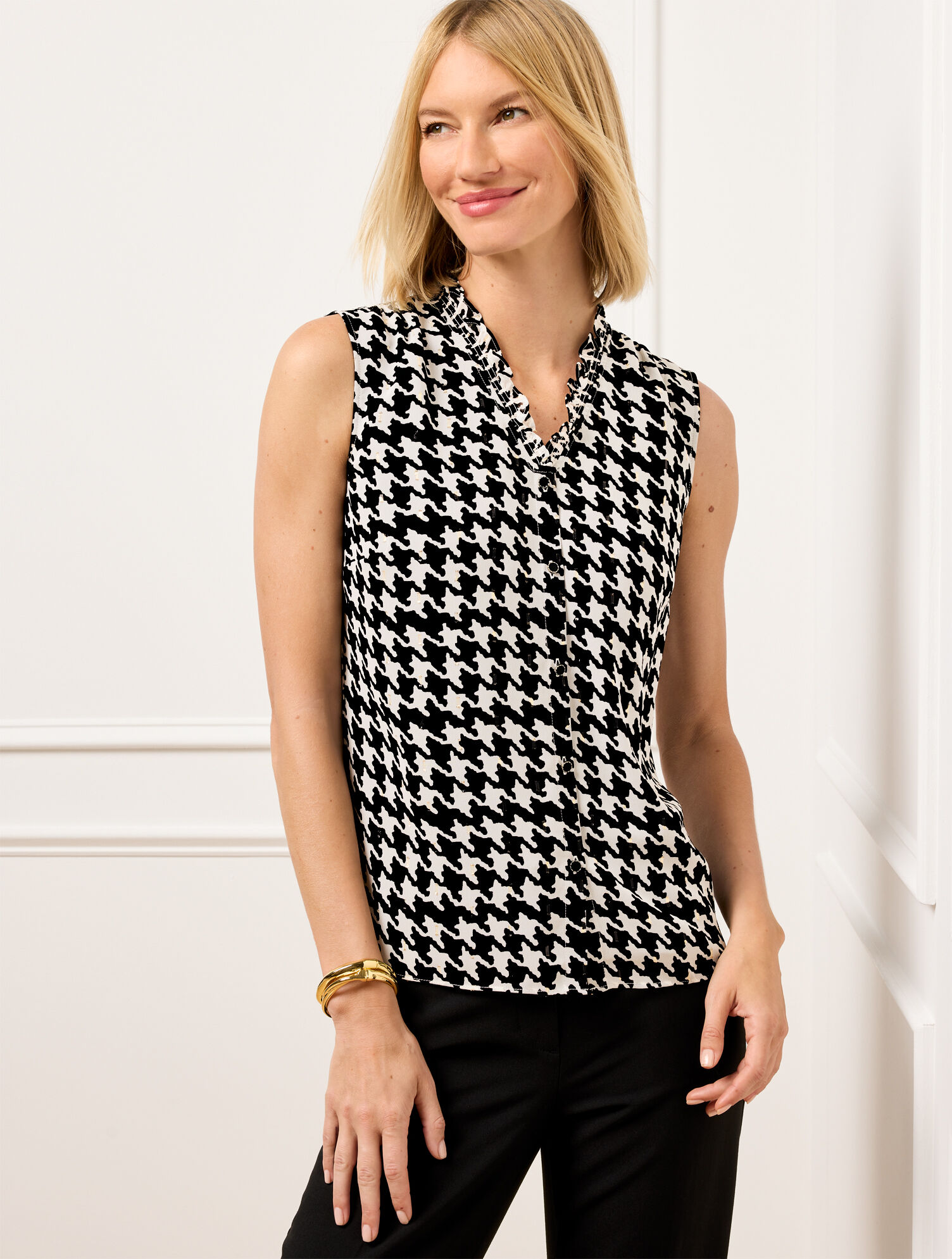 Houndstooth Ruffle Neck Shell | Talbots