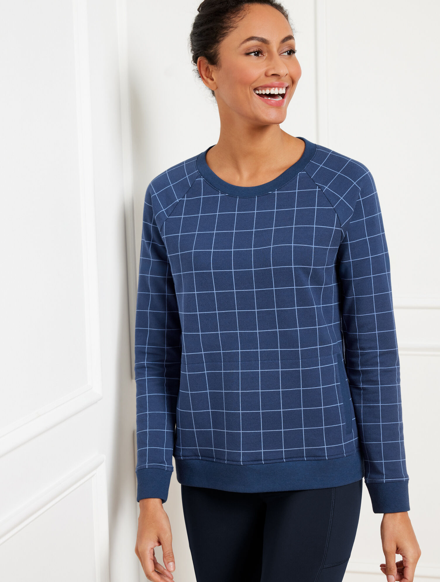 Modal French Terry Crewneck Pullover - Gorgeous Grid | Talbots