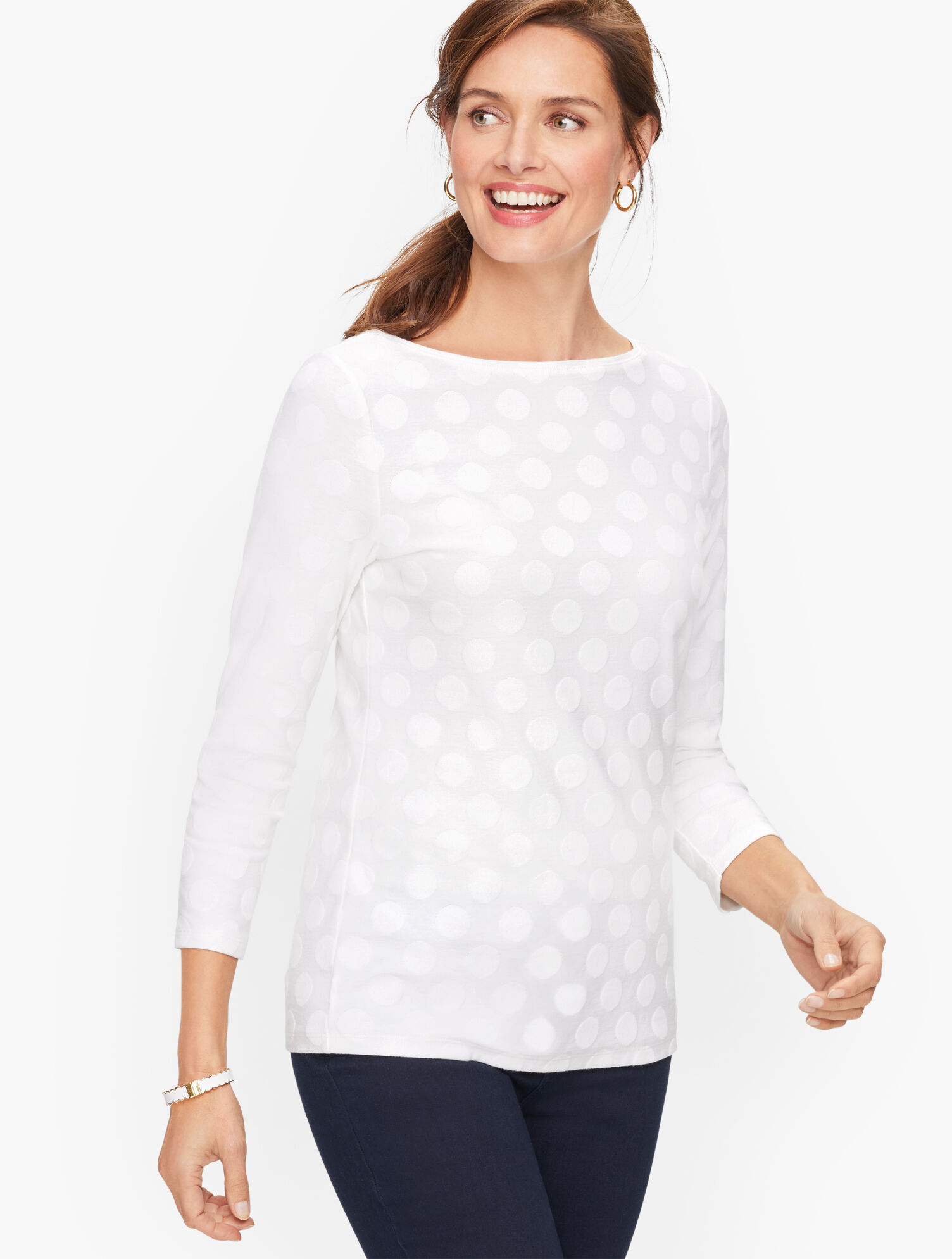 Cotton Bateau Neck Tee - Jacquard Dot | Talbots