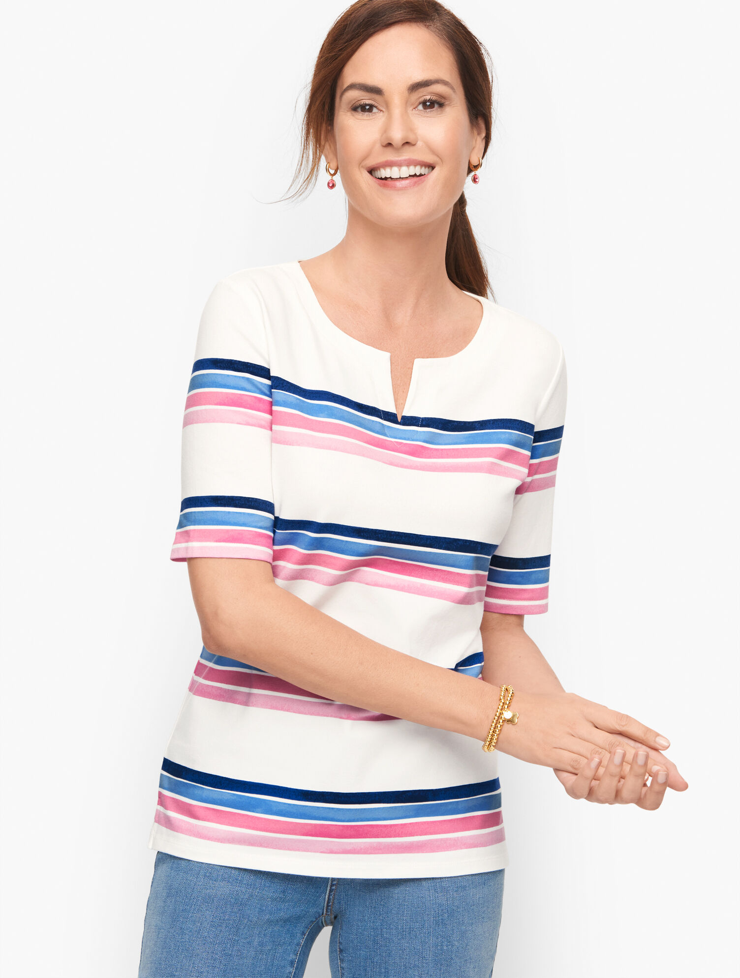 Split Neck Tee - Watercolor Stripe | Talbots