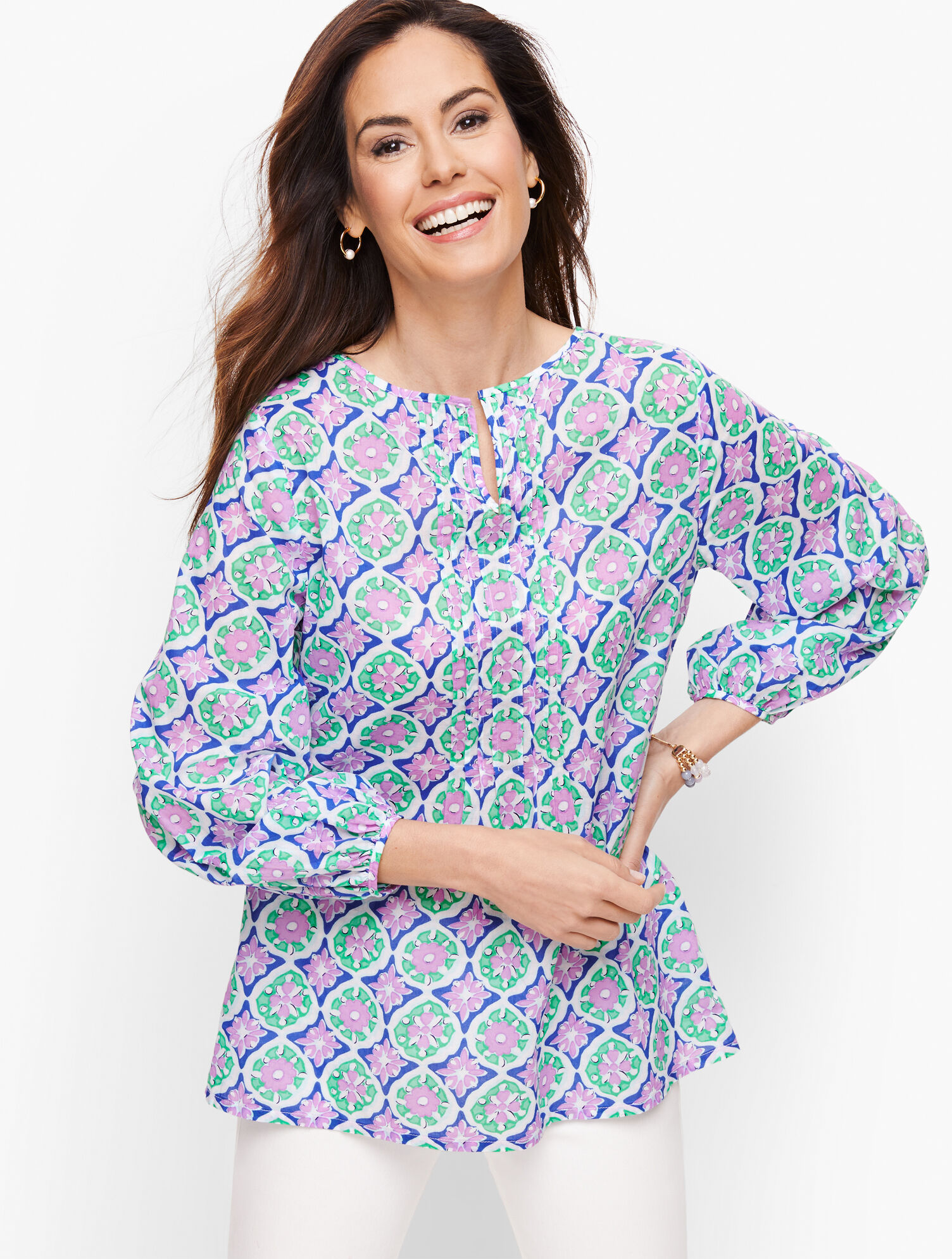 Split Neck Pin-Tuck Top - Medallion | Talbots