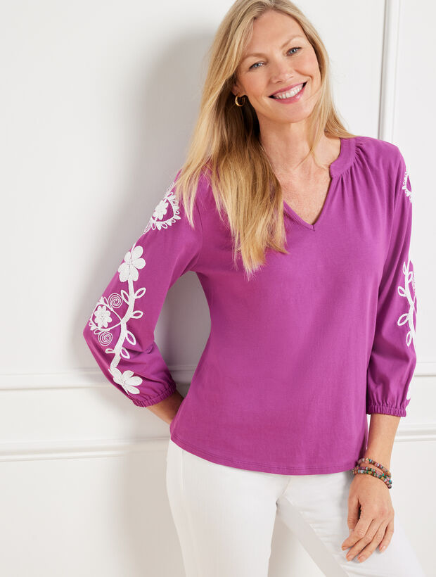 Embroidered Split Neck Tee | Talbots