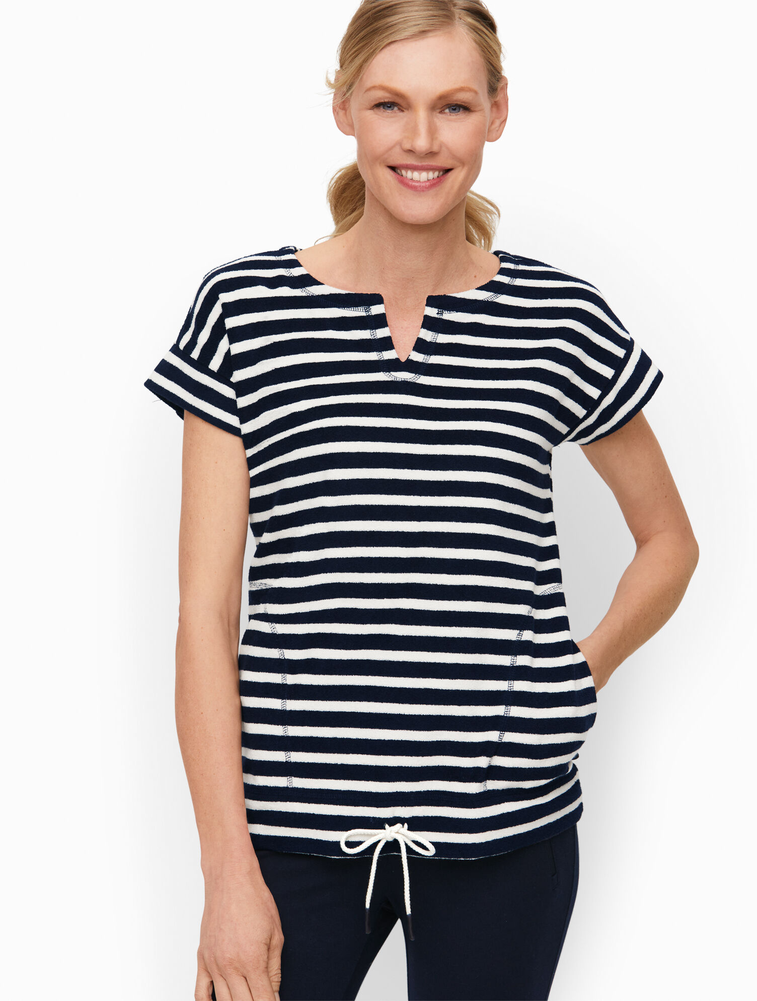 Split Neck Drawstring Waist Top - Valley Stripe | Talbots
