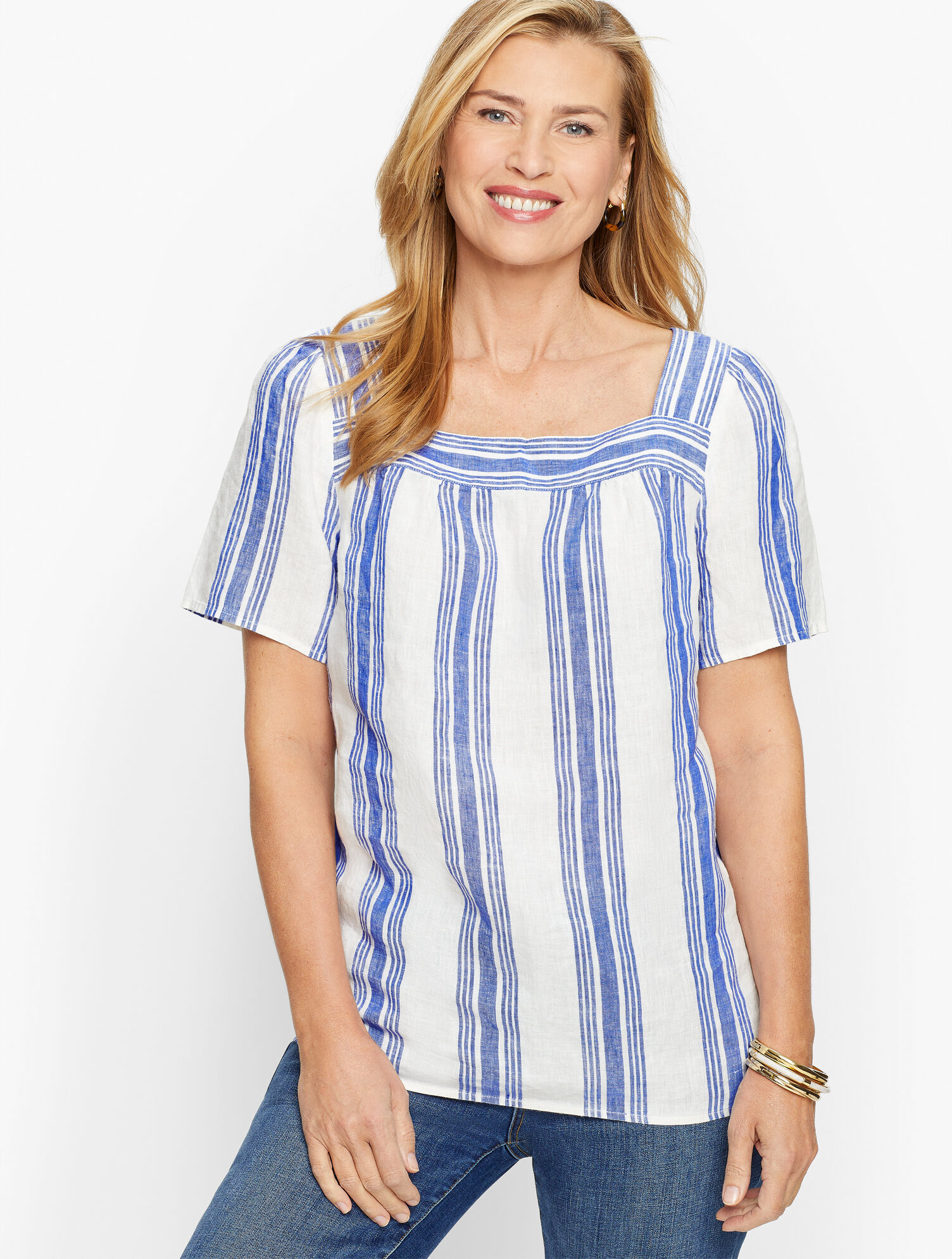 Linen Square Neck Top - Sandcastle Stripe | Talbots
