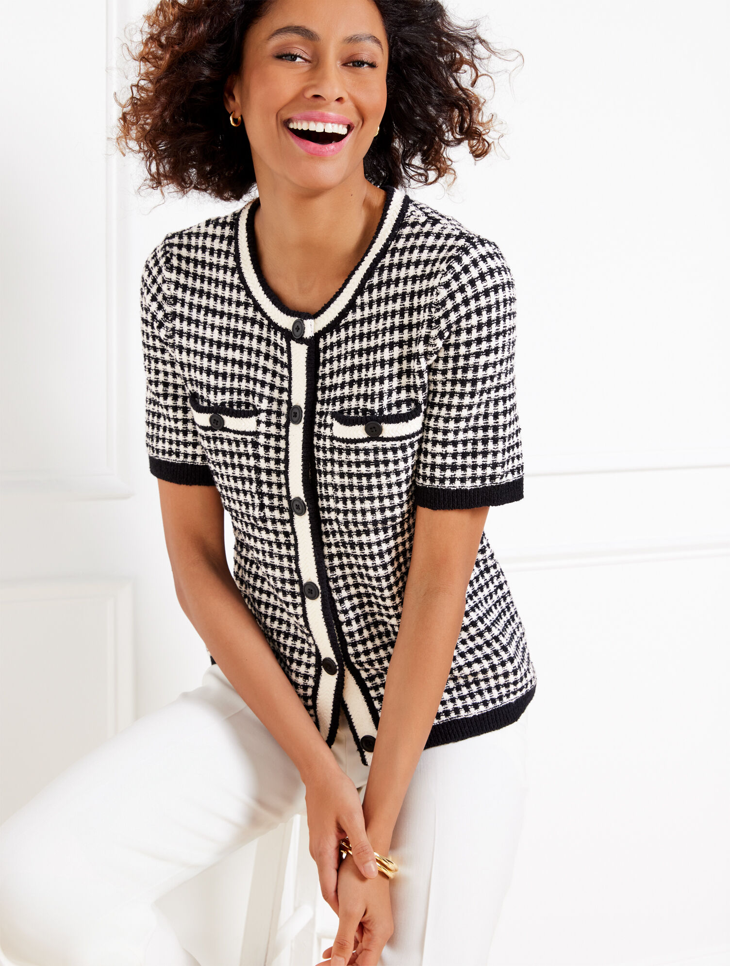 Short Sleeve Cardigan - Check Jacquard | Talbots