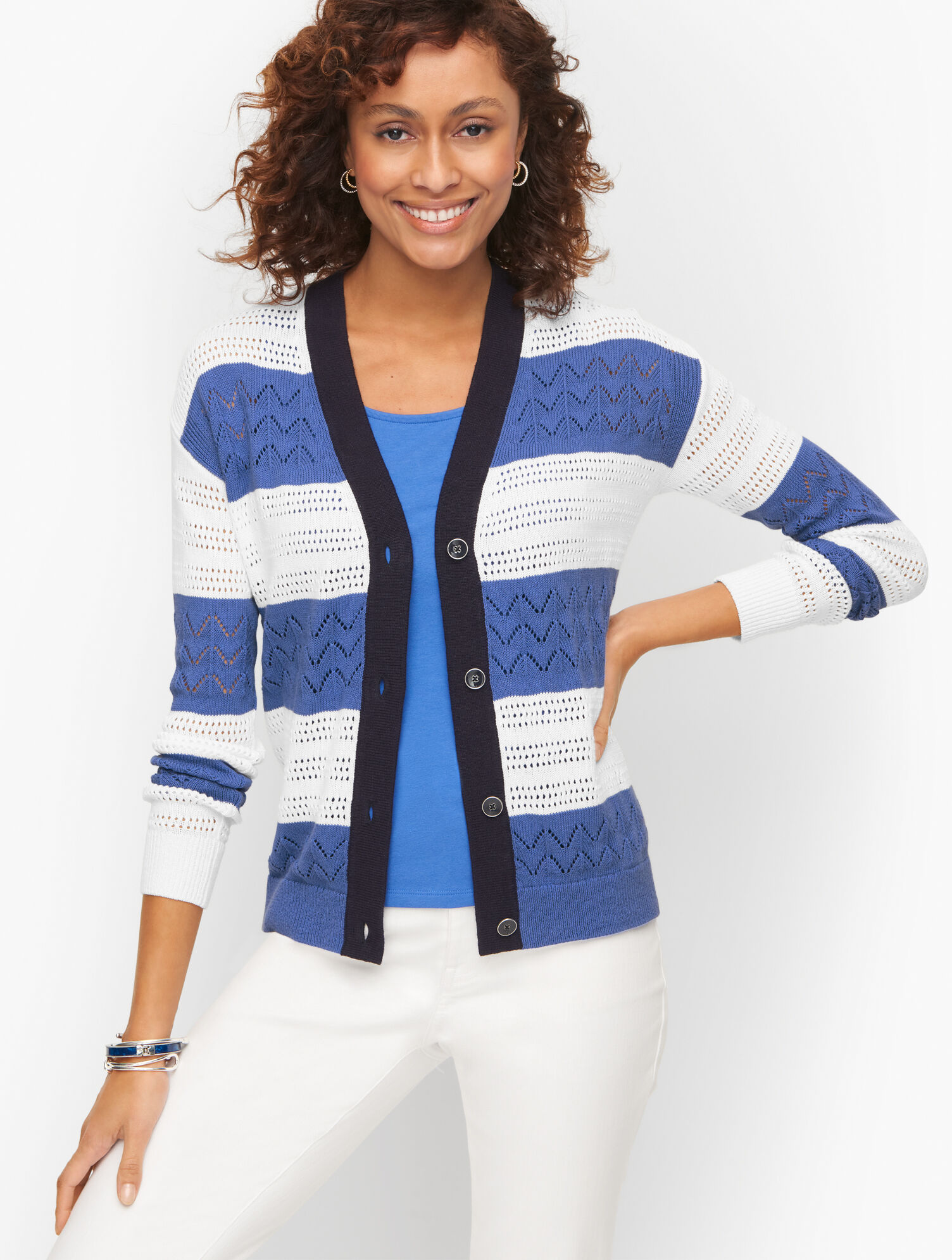 Tipped Pointelle Cardigan - Stripe | Talbots