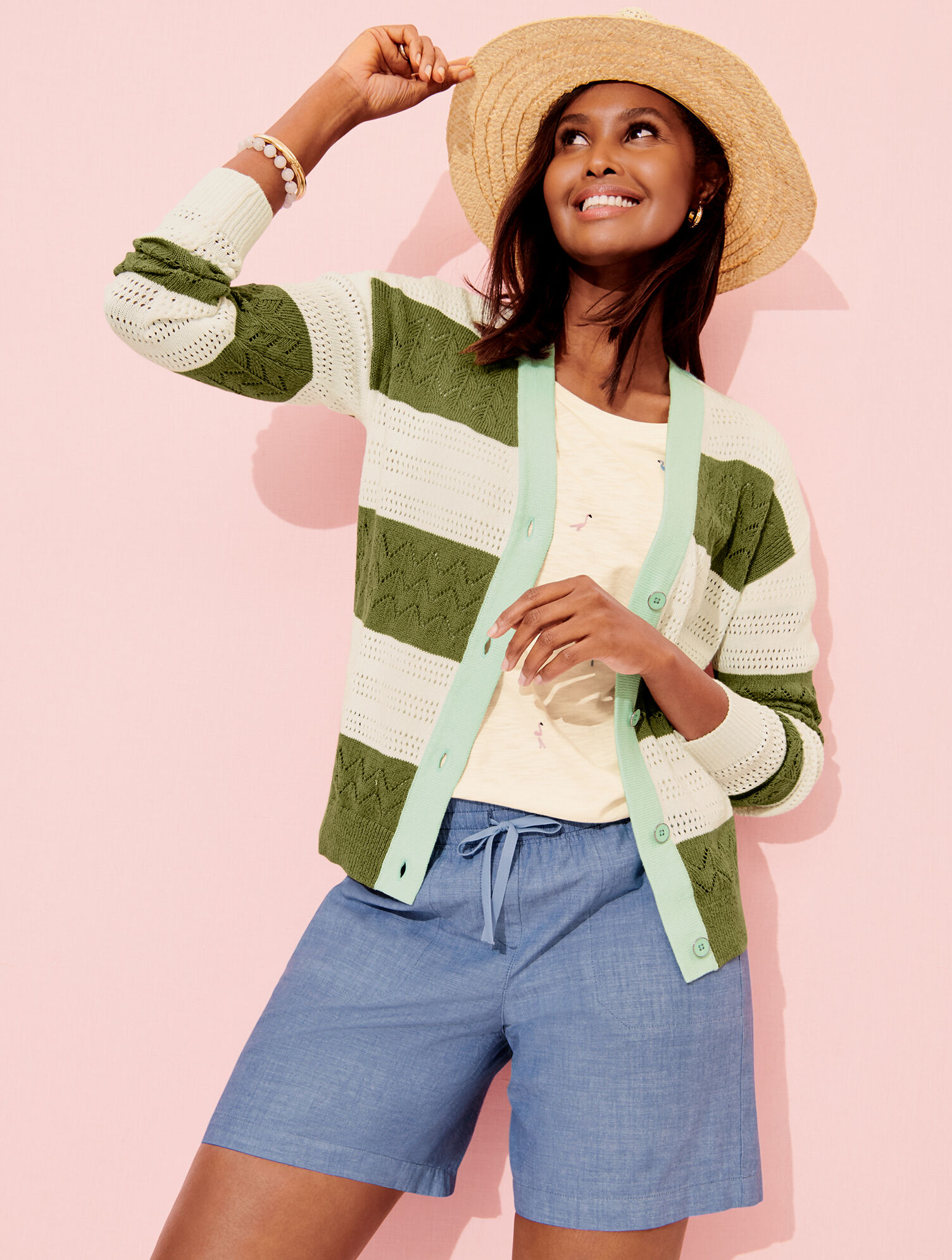 Tipped Pointelle Cardigan - Stripe | Talbots