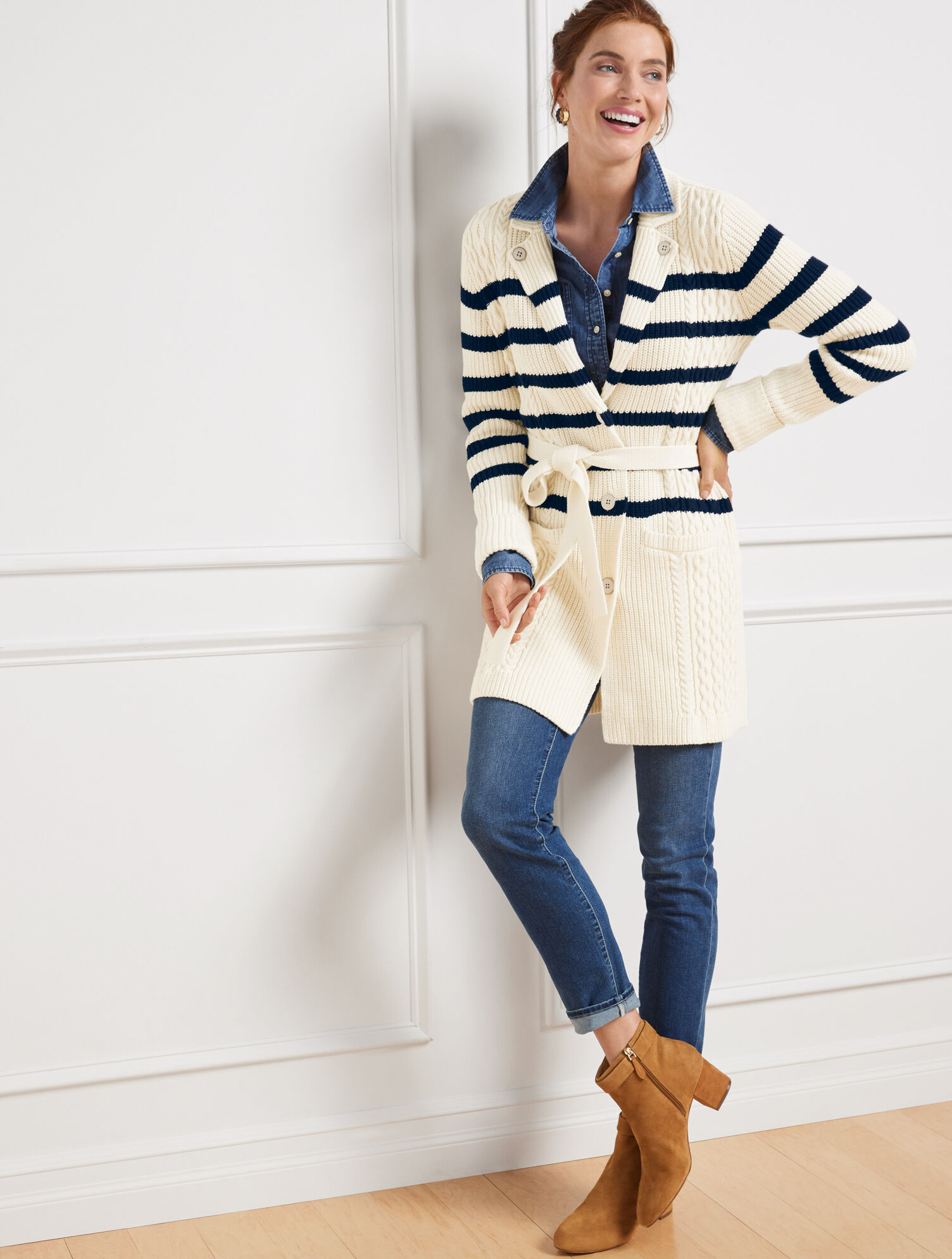 Stripe Cable Stitch Trench Cardigan | Talbots