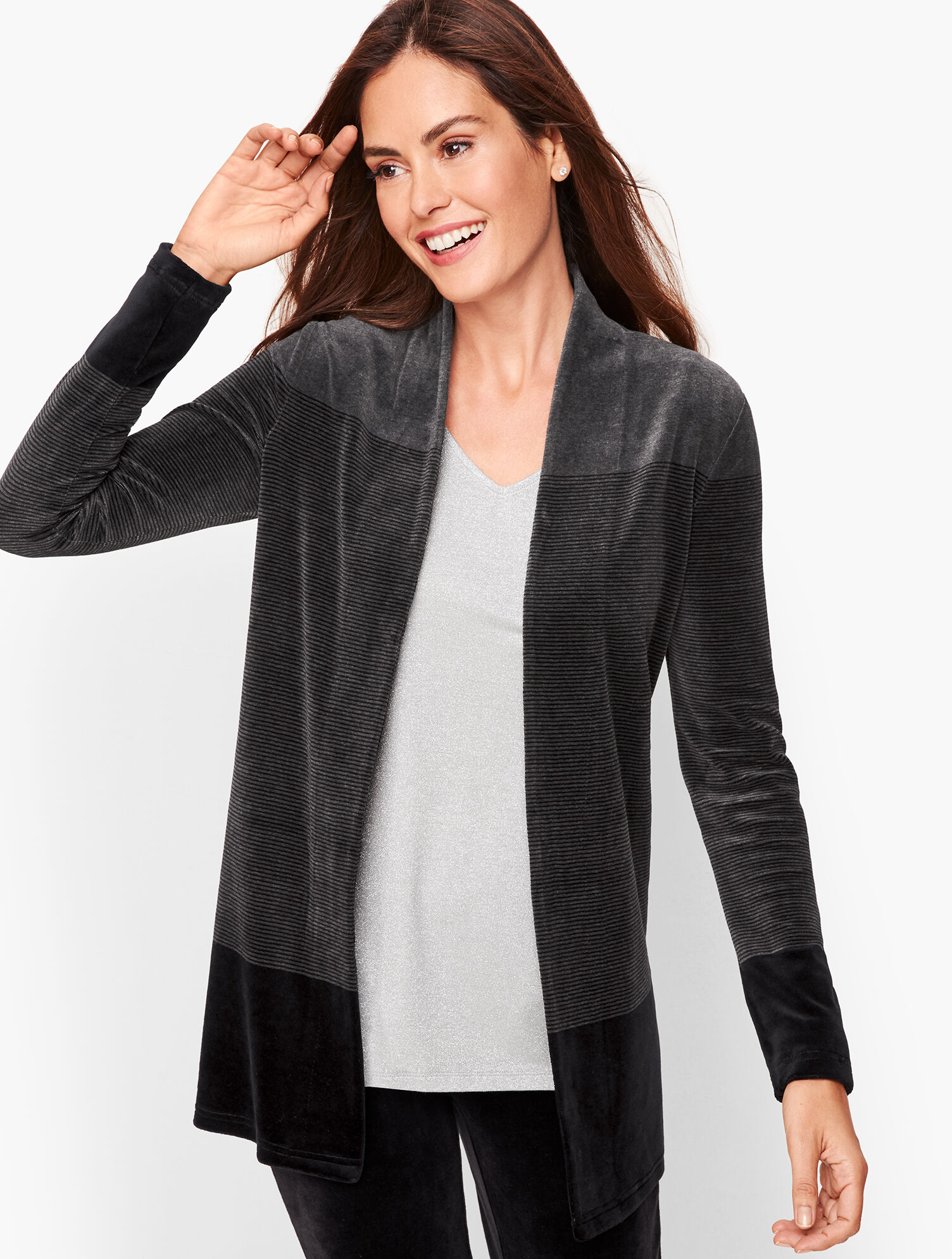 Luxe Velour Stripe Open Cardigan | Talbots