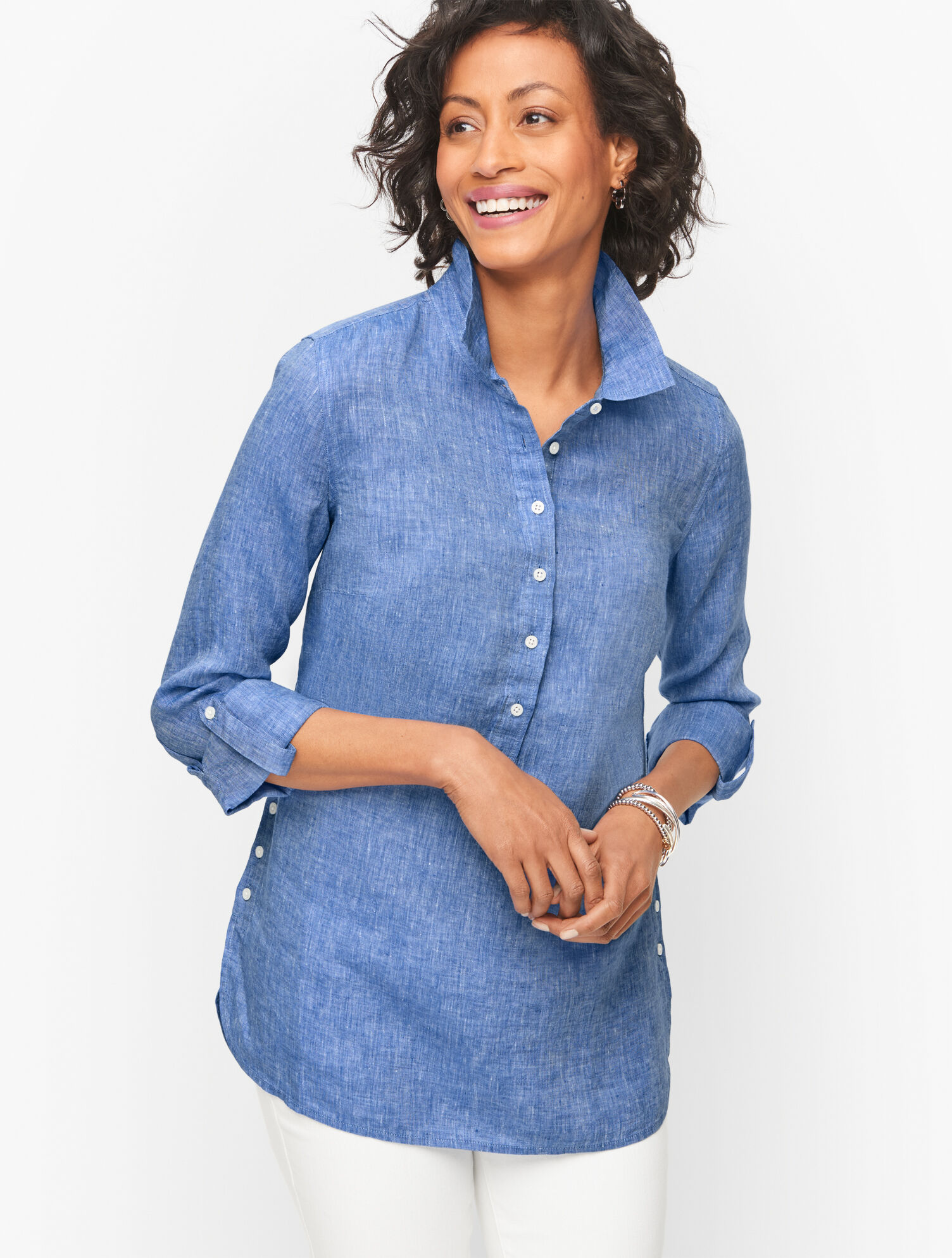Button Detail Linen Tunic - Cross Dye | Talbots