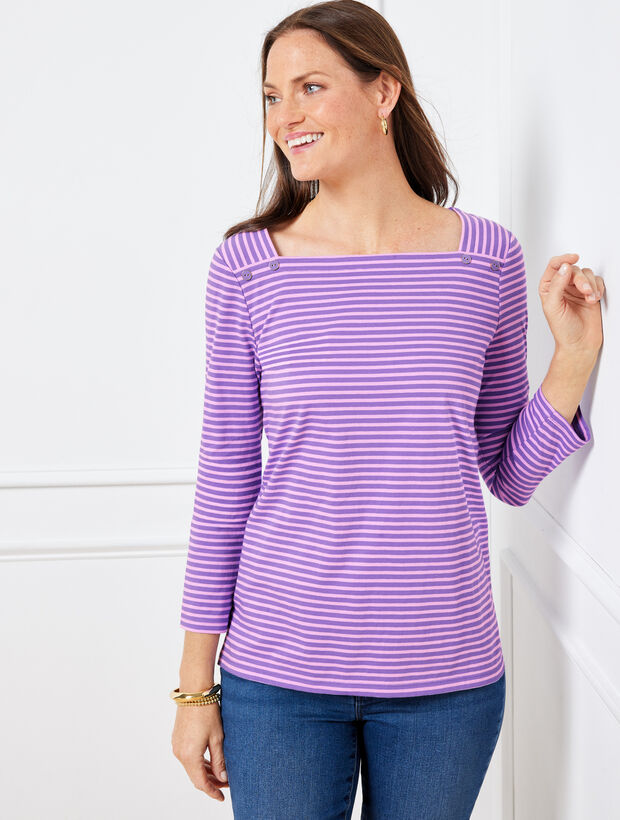 Button Shoulder Square Neck Top - Stripe | Talbots