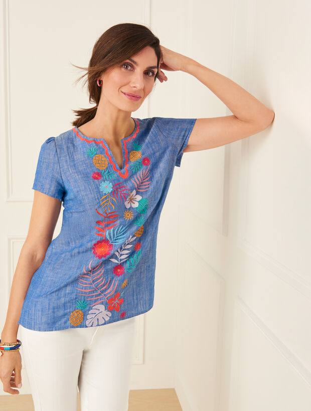 Embroidered Split Neck Top | Talbots