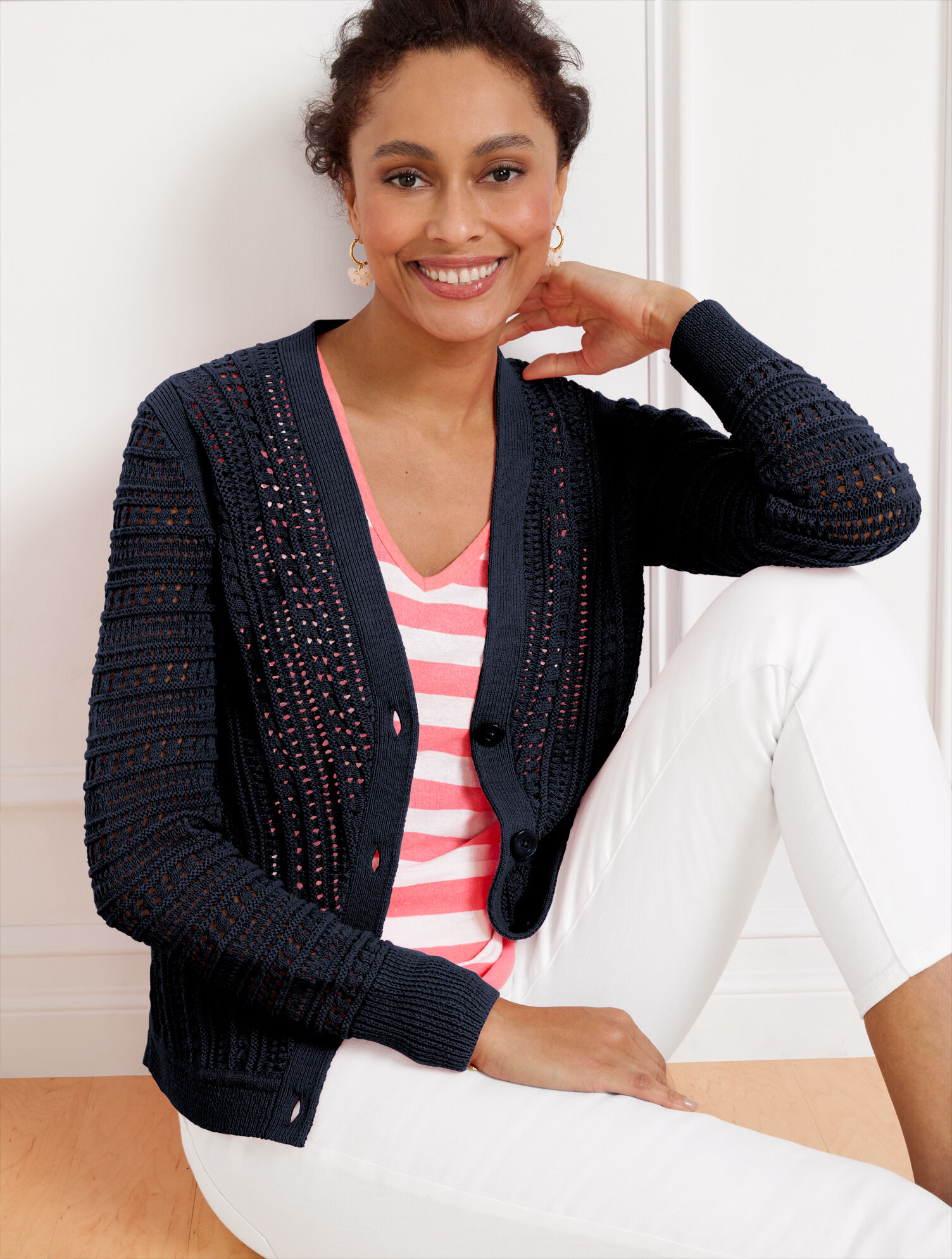 Pointelle Knit V-Neck Cardigan | Talbots