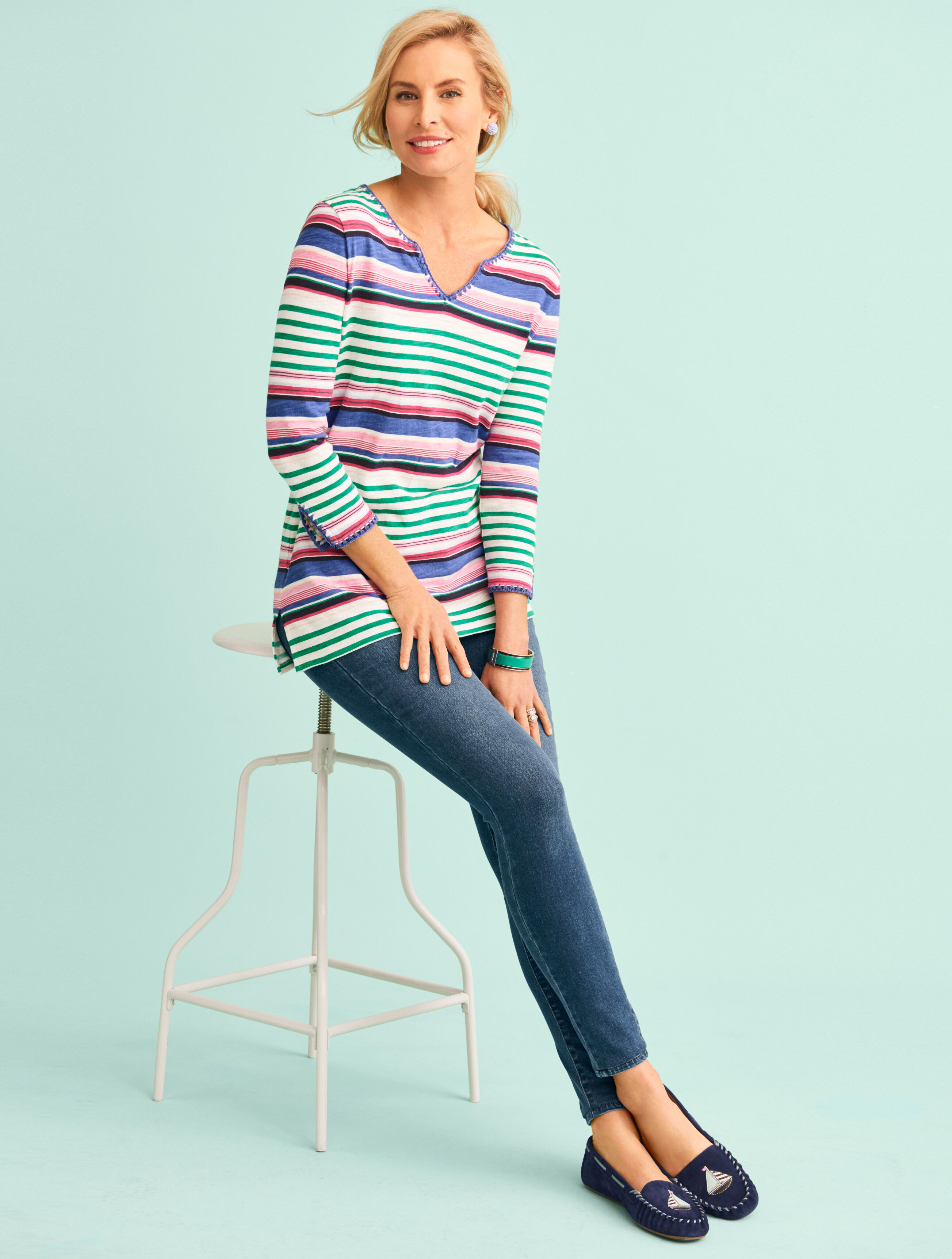 Embroidered Split-Neck Tunic - Naples Stripe | Talbots