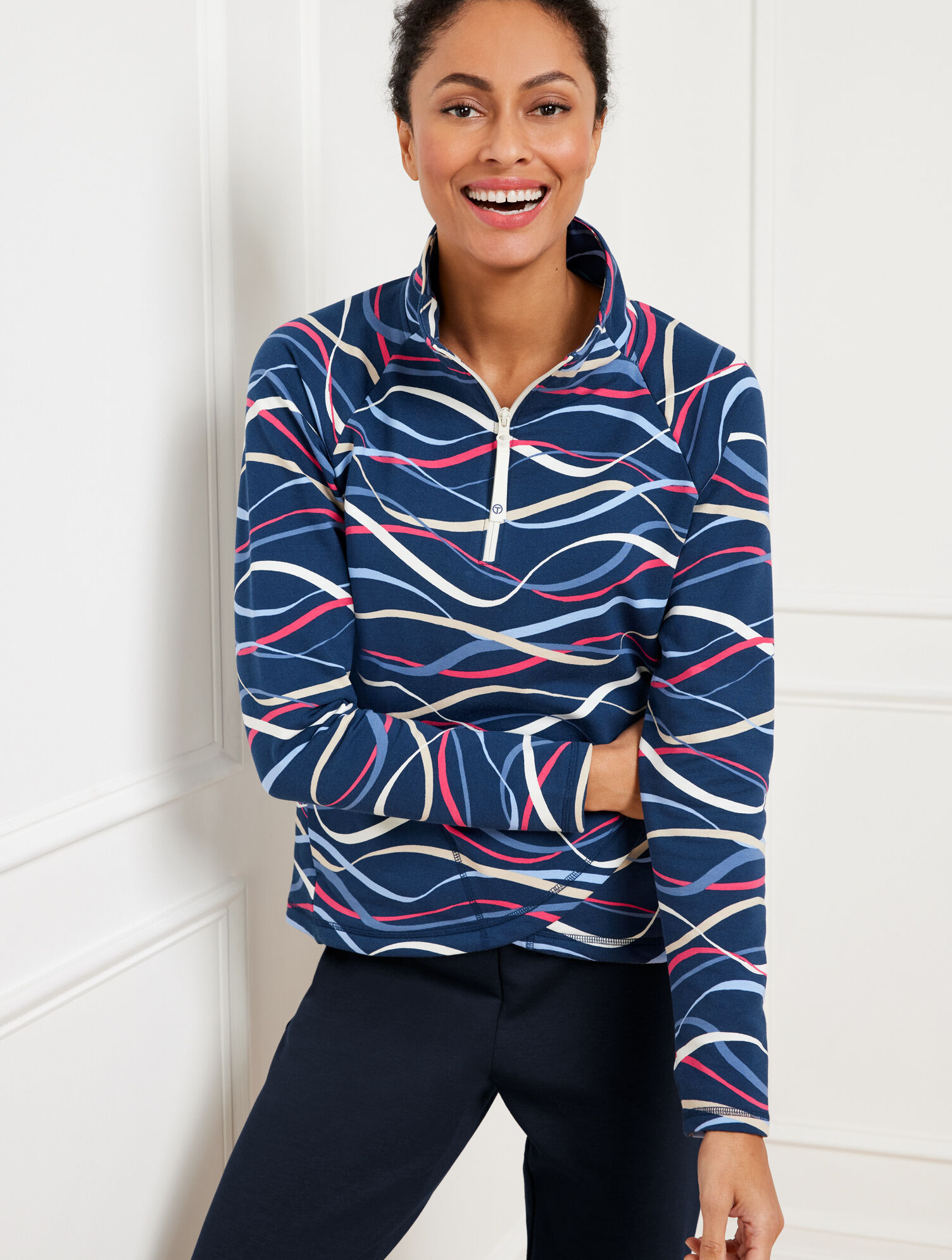 Modal French Terry Wrap Hem Pullover - Wavy Lines | Talbots
